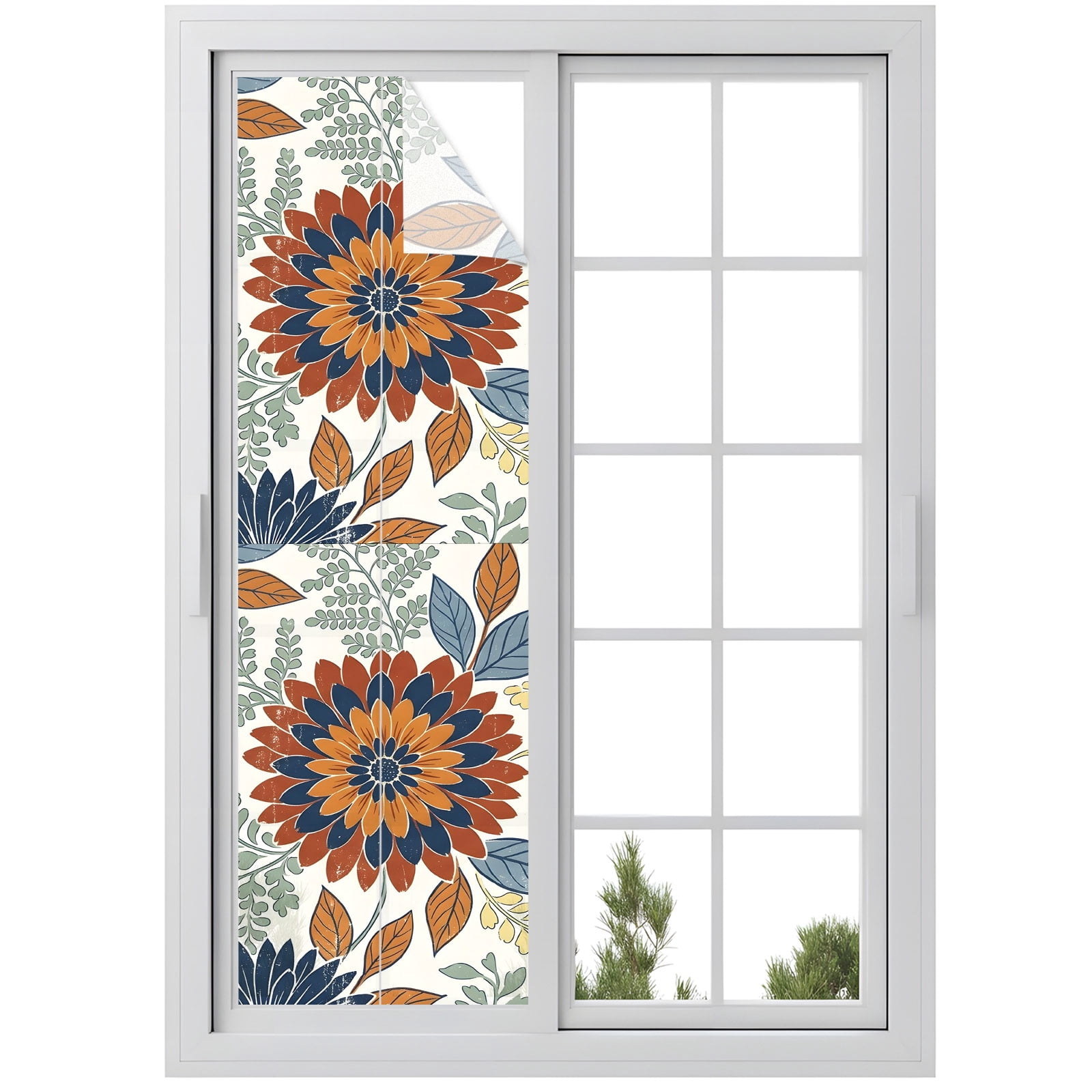 Colorful Floral Window Privacy Film Bohemian Orange Teal Petals Leaves ...