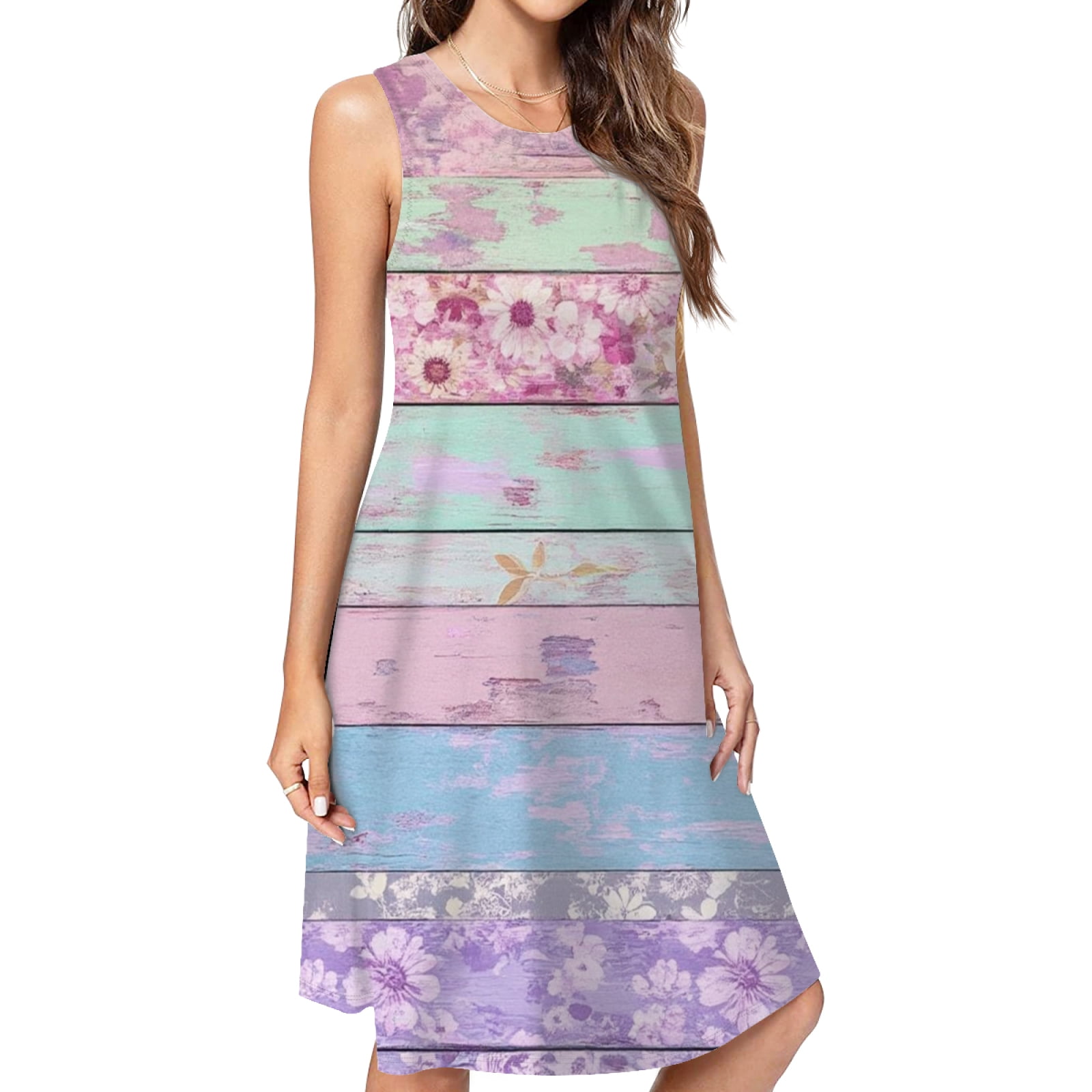 Colorful Floral Wood Texture Casual Sleeveless Loose Sundress Dress For ...