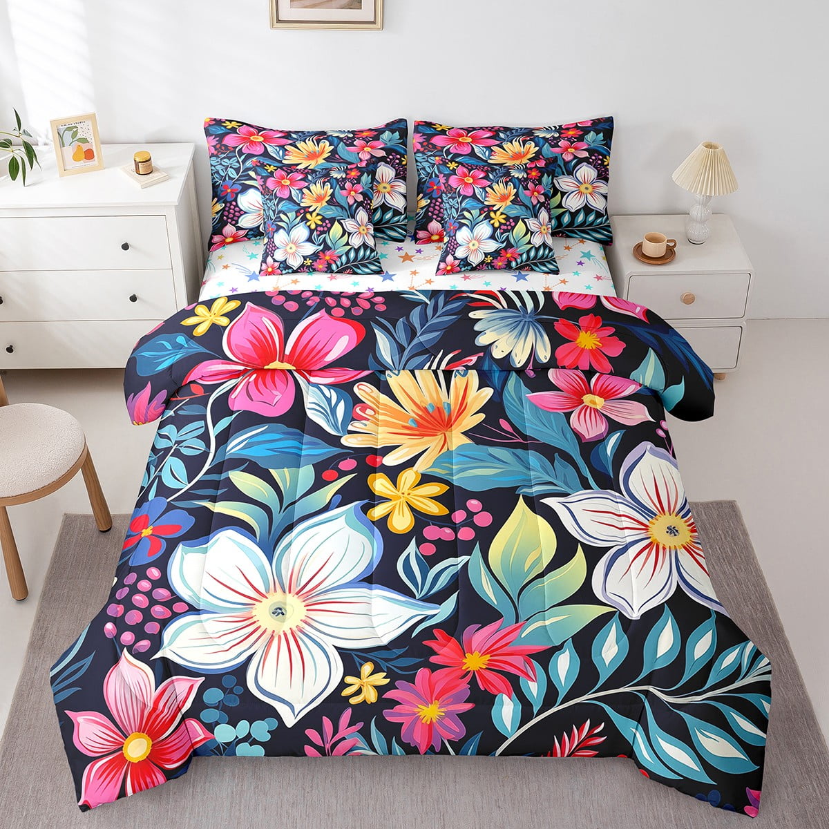 Colorful Floral king Bedding Set 7 Piece,Bohemian Botanical Leaf Bed In ...