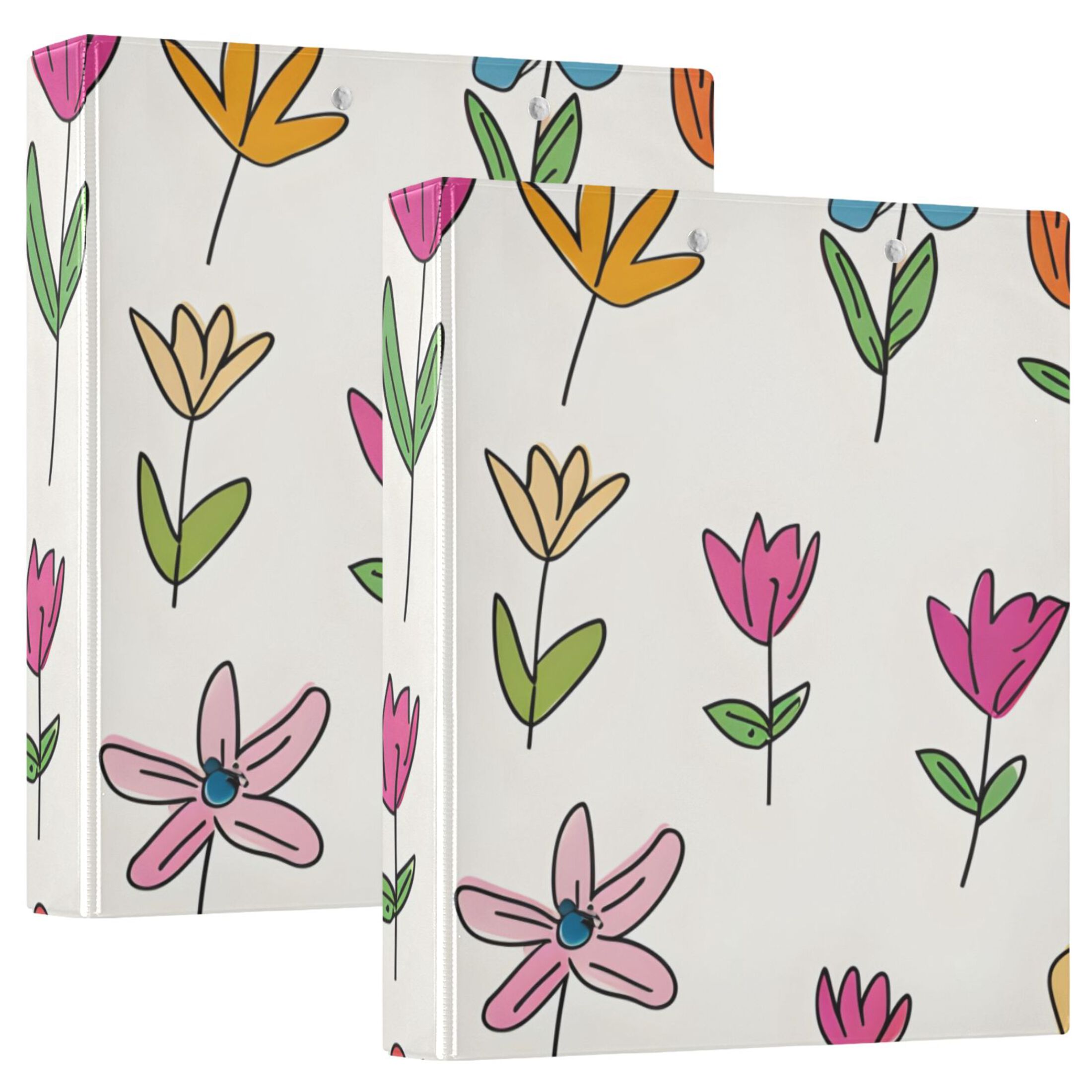 Colorful Florals Cartoon Doodle Style Round Ring Binder 3 Rings 1.5" Capacity File Storage for ...