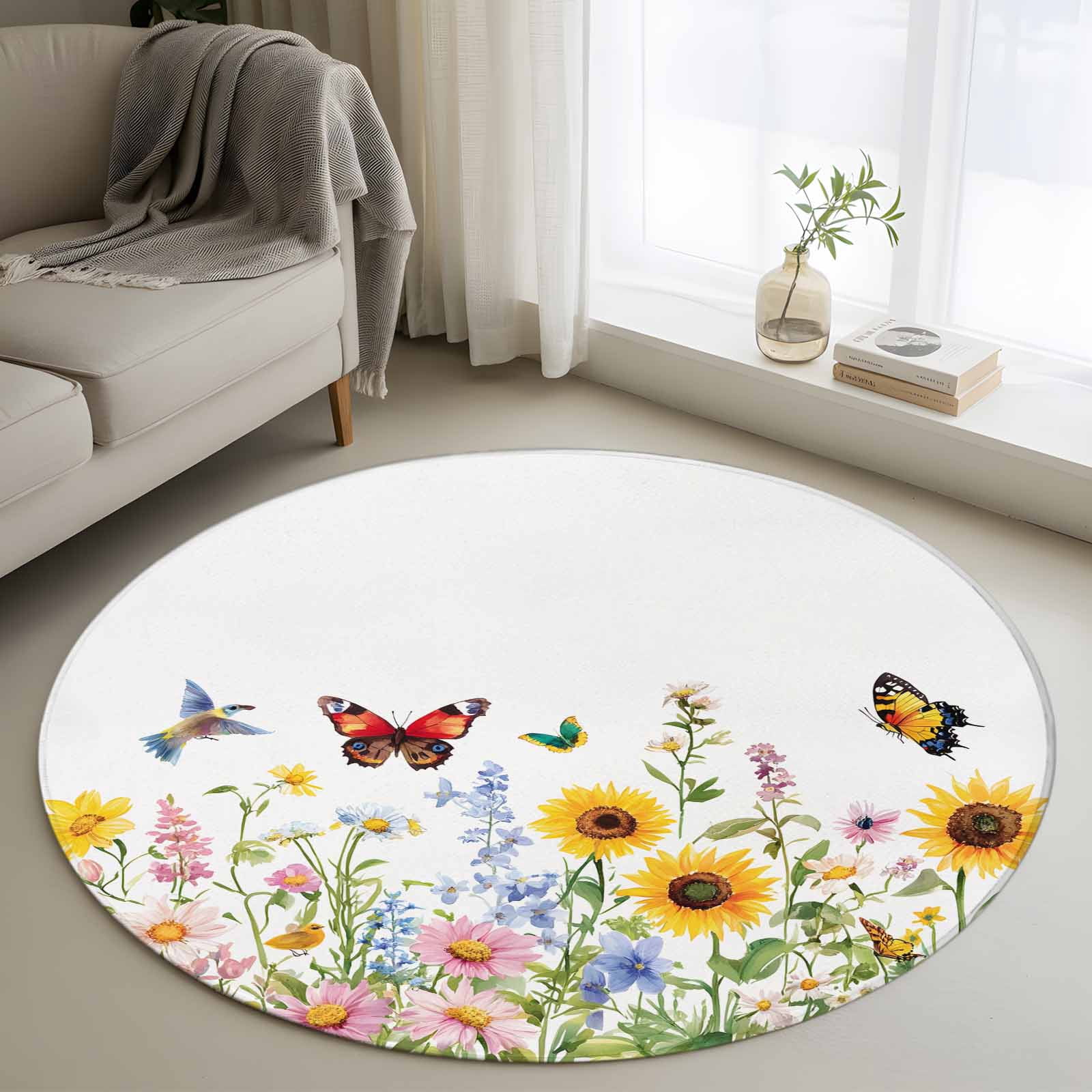 Colorful Florals Round Rugs for Living Room 3ft Sunflower Daisy ...