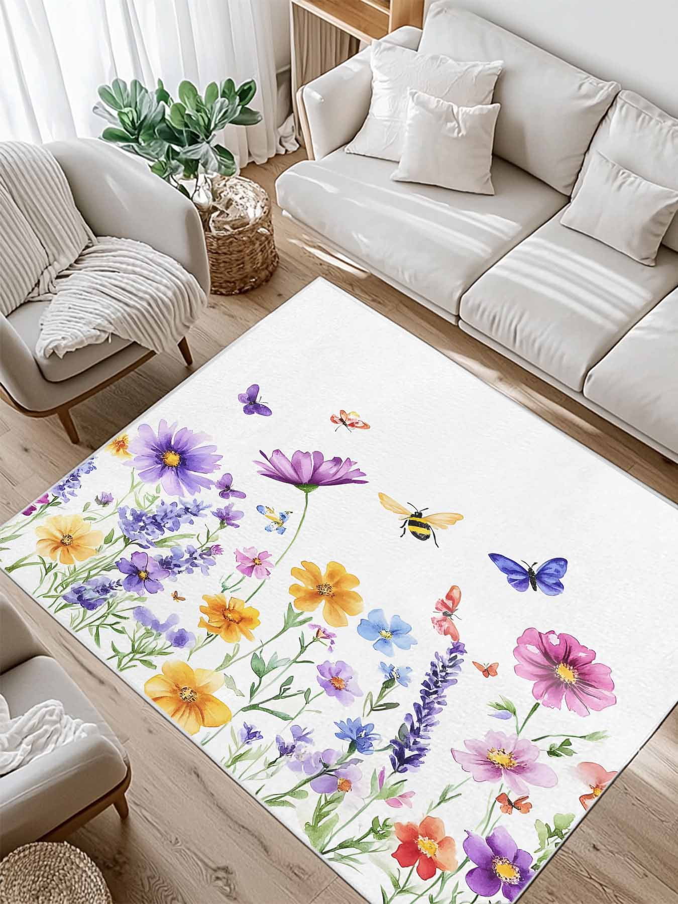 Colorful Flower Area Rug for Bedroom 3x5 Ft Wildflower Butterfly Purple ...