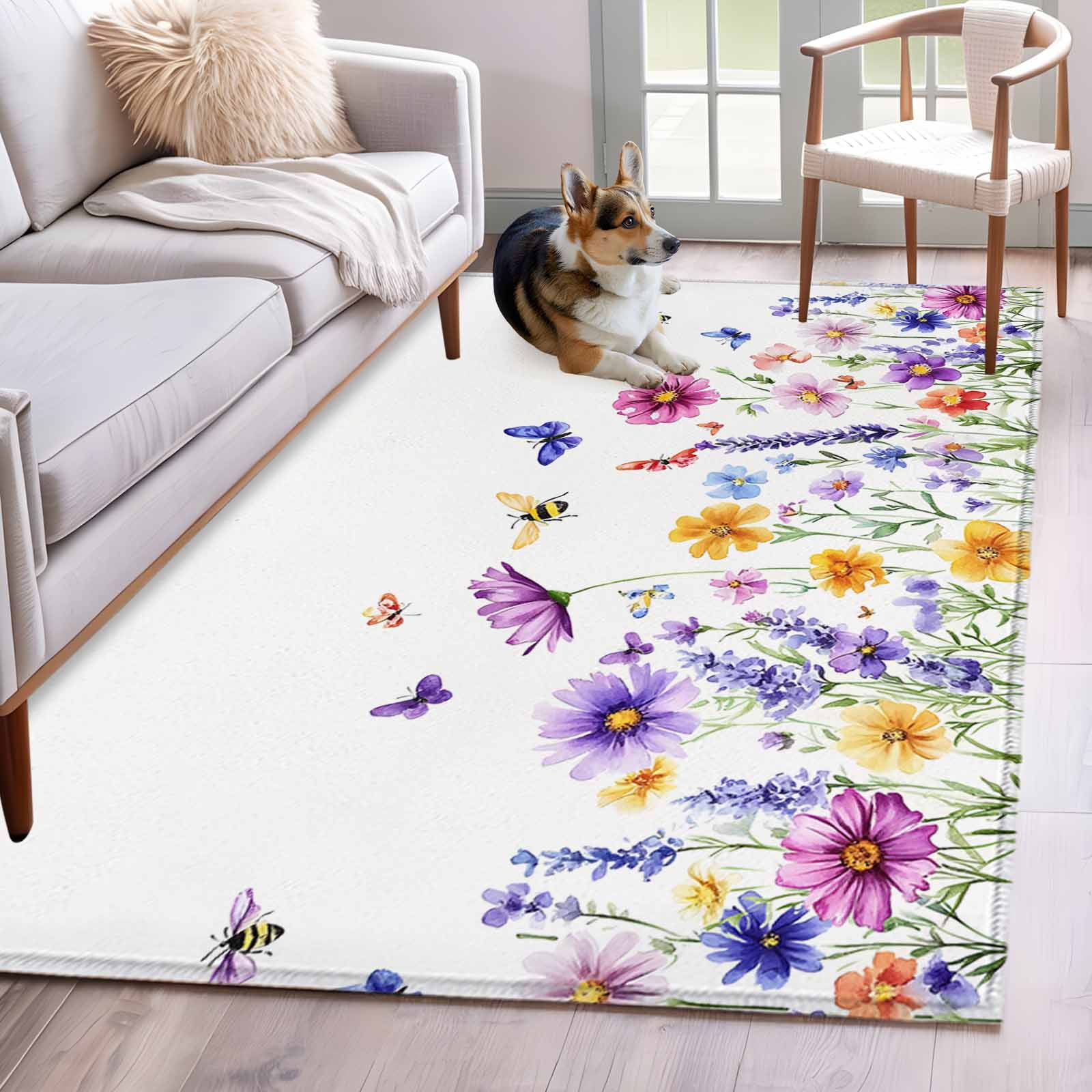 Colorful Flower Area Rugs 3x5 ft Wildflower Butterfly Purple Blue Pink ...
