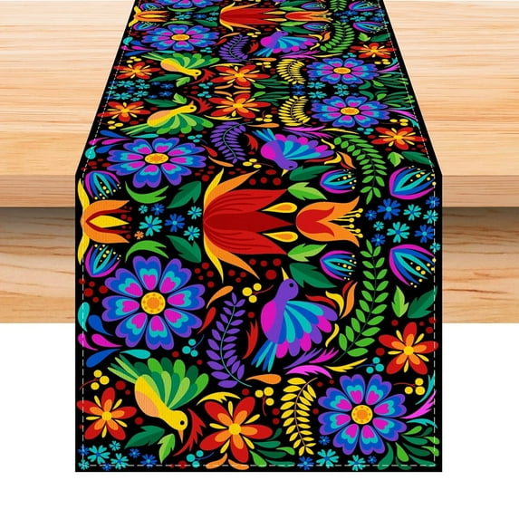 Colorful Flower Bird Table Runner Mexican Fiesta Themed Linen Table ...