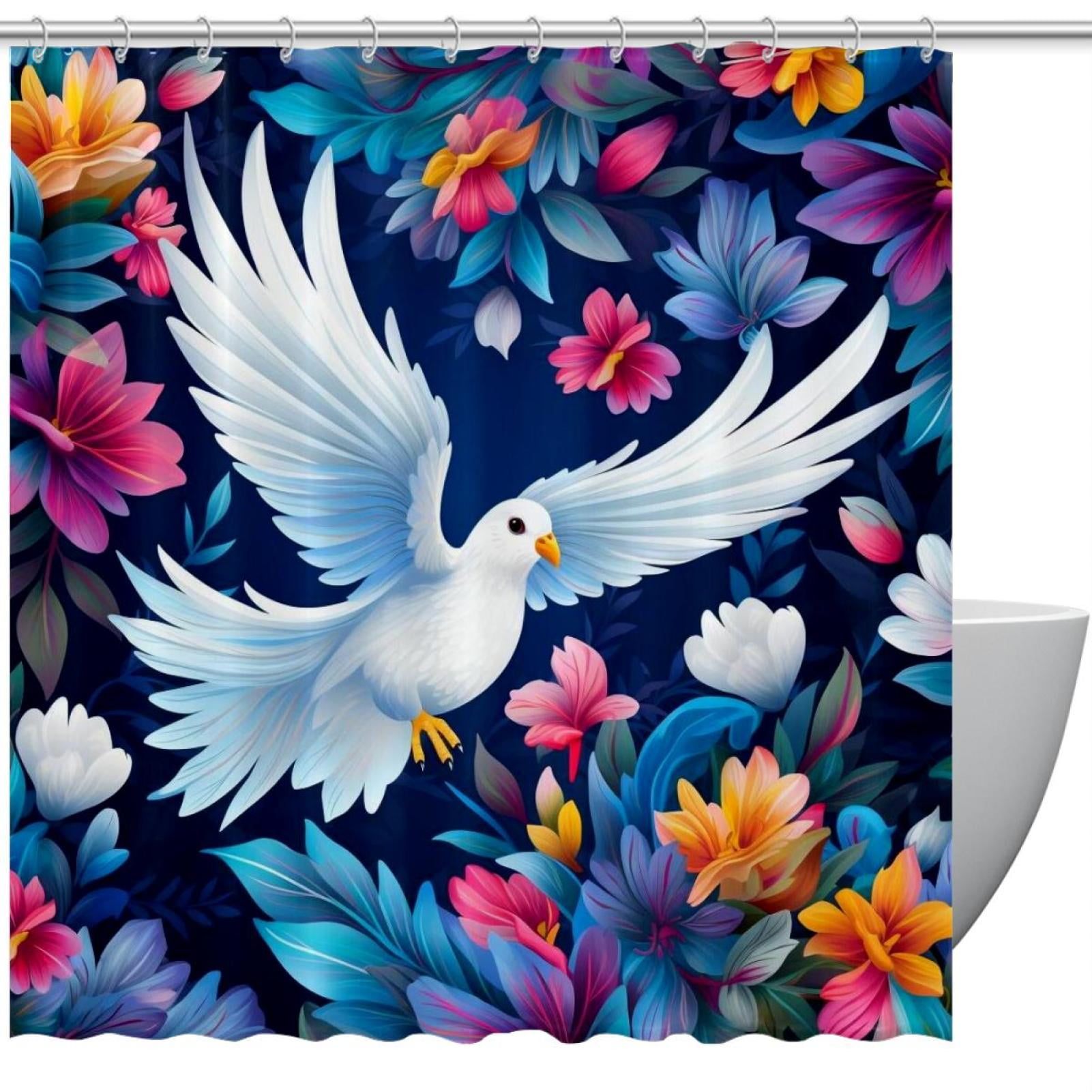 Colorful Flower Bushes Flying Pigeons Shower Curtain Set with Hooks ...