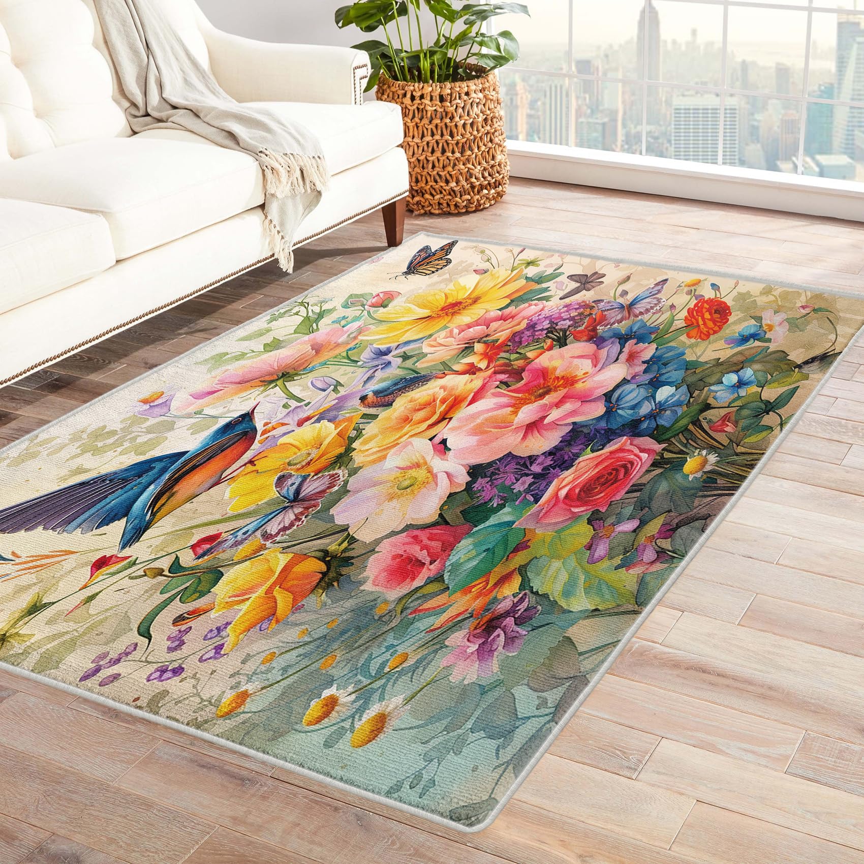 Colorful Flower Butterfly Home Decor, Botanical Garden Area Rug For ...