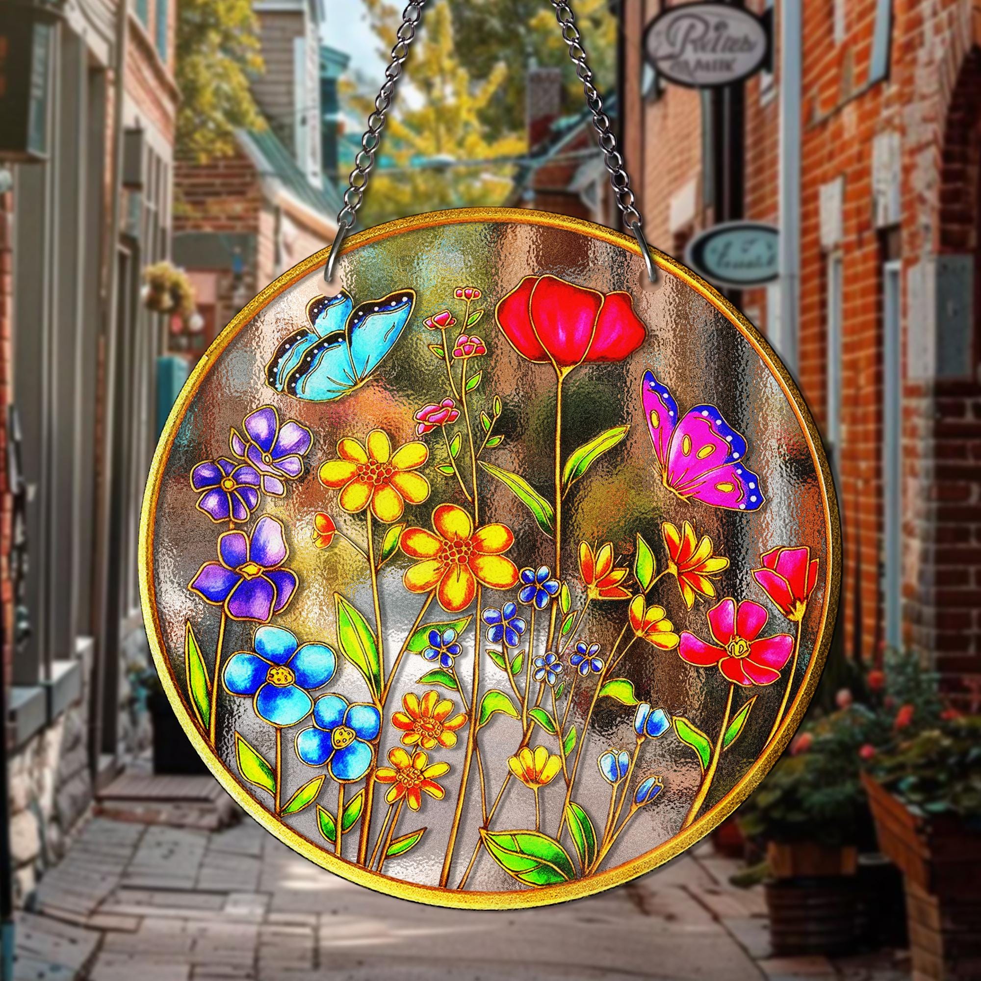 Colorful Flower Butterfly STAINED GLASS Suncatcher Decor Morpho ...
