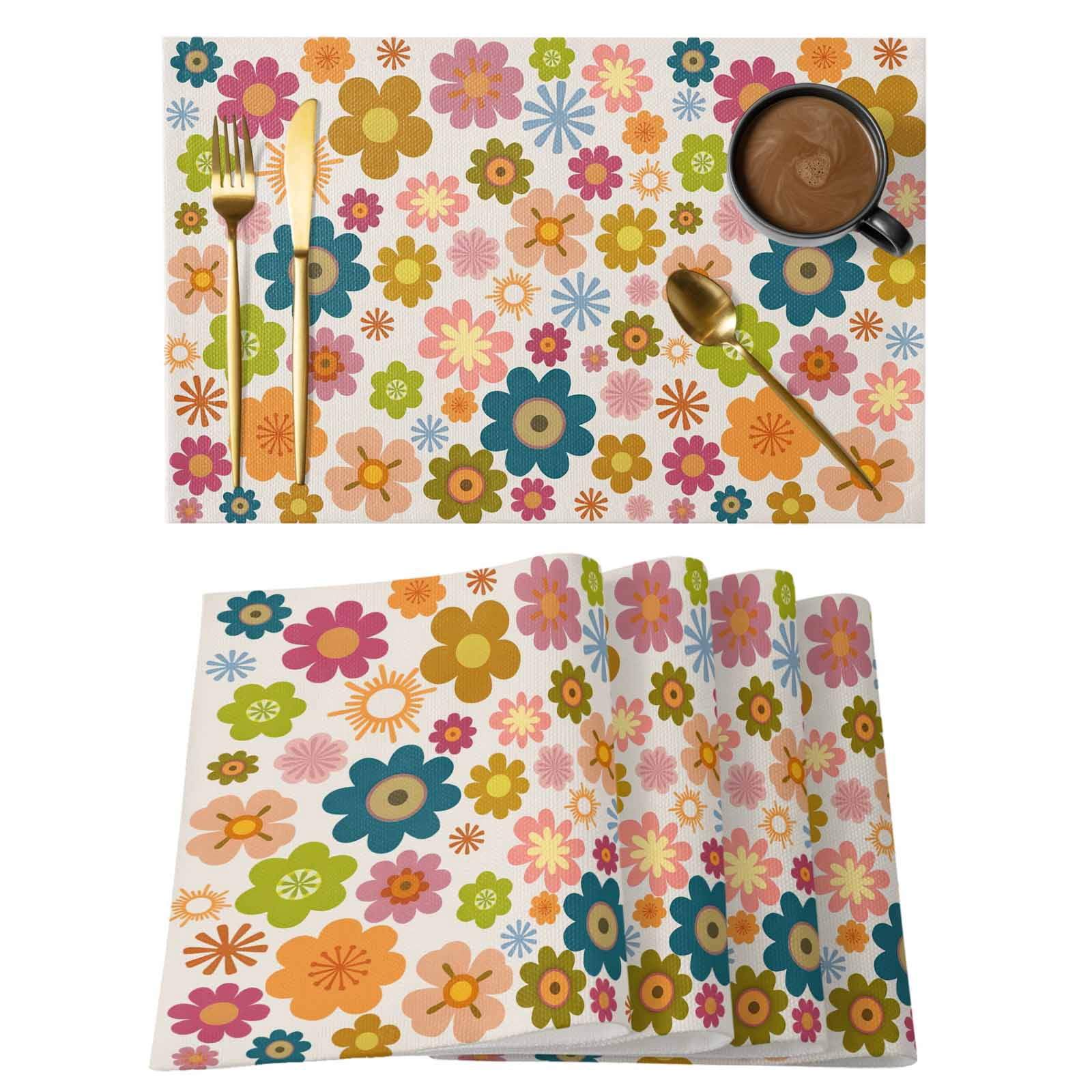 Colorful Flower Cotton Linen Placemats Set of 6, Boho Style Retro ...