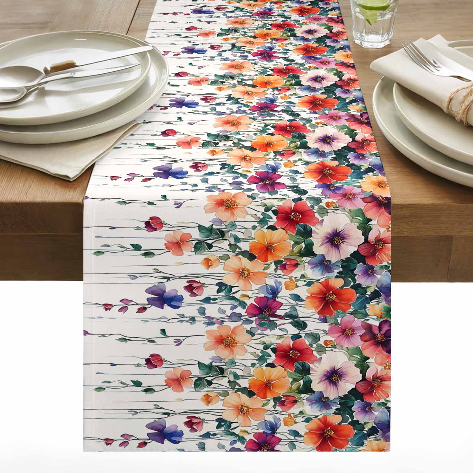 Colorful Flower Cotton Linen Table Runner Spring Red Orange Floral Vine ...