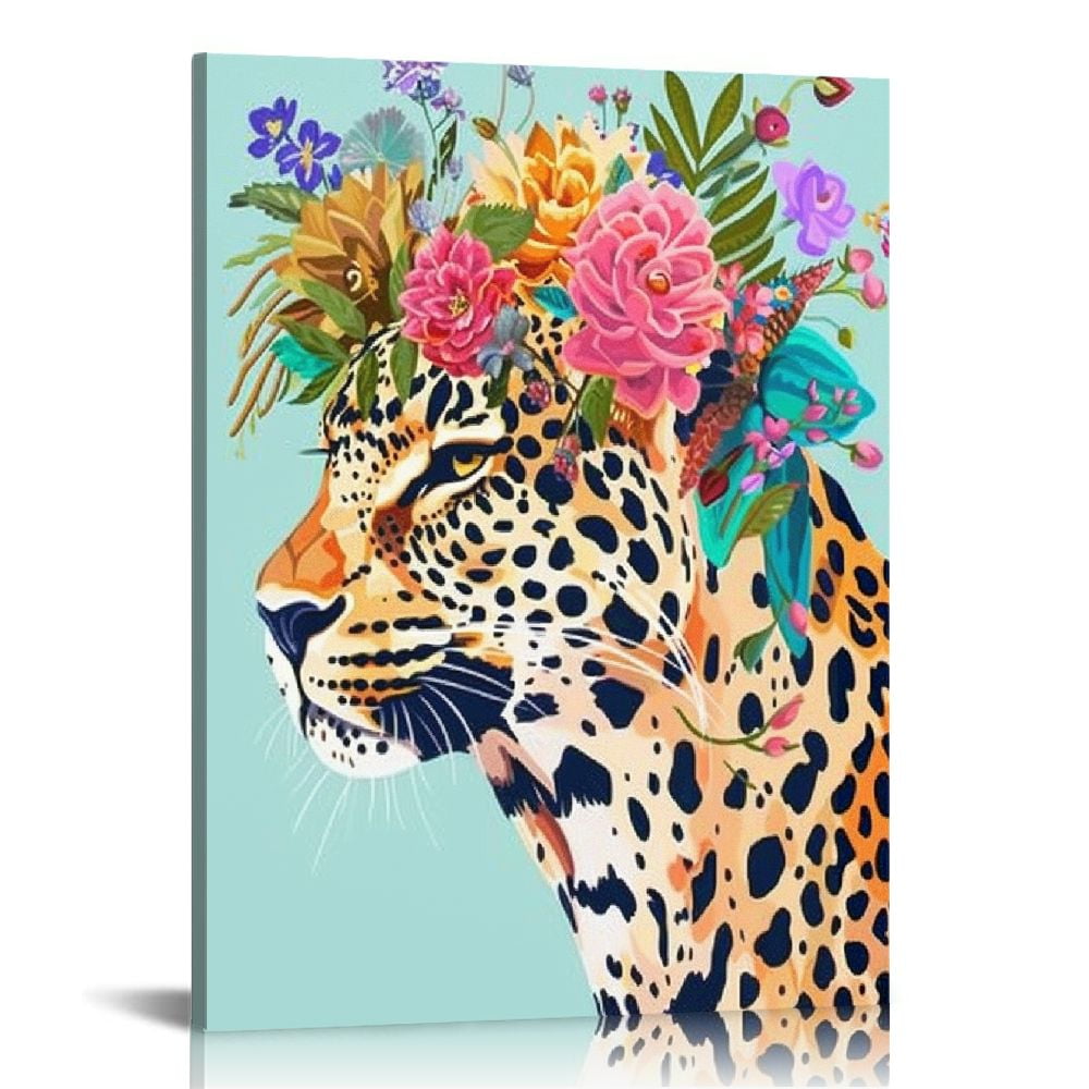 Colorful Flower Crown Cheetah Canvas Poster Bathroom Wall Art, Tropical ...