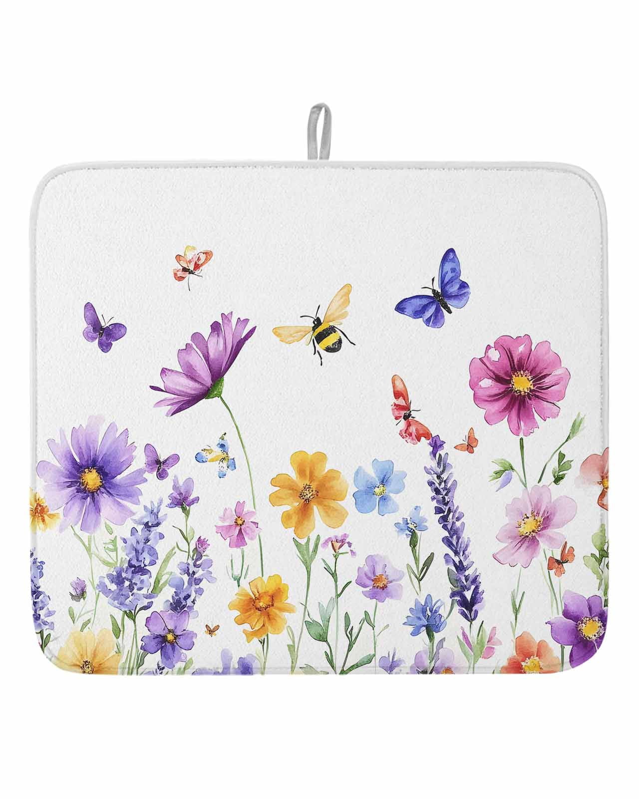 Colorful Flower Dish Drying Mat 16x18 inch Wildflower Butterfly Purple ...