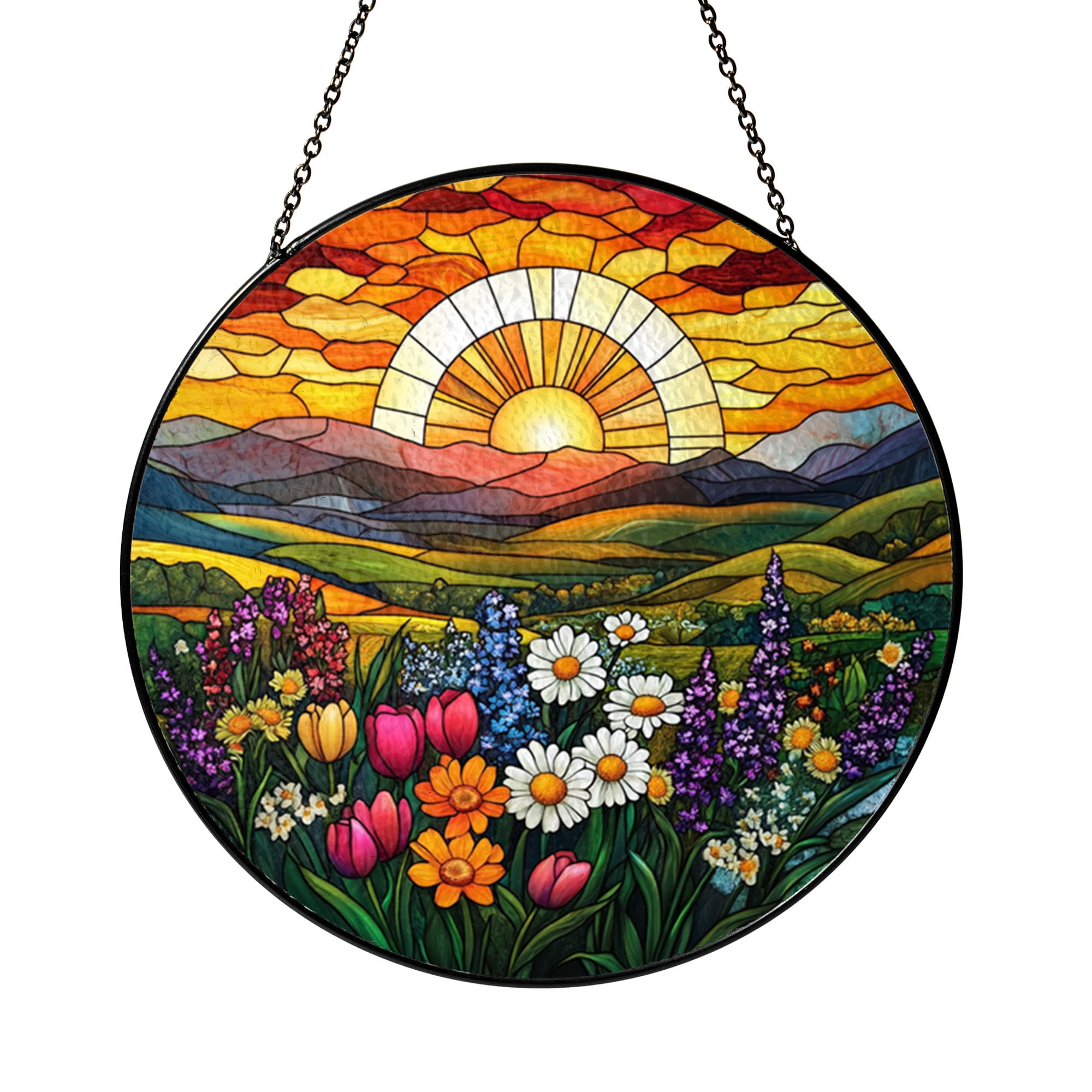 Colorful Flower Field Sunset Stained Glass Style Window Decor, Nature ...
