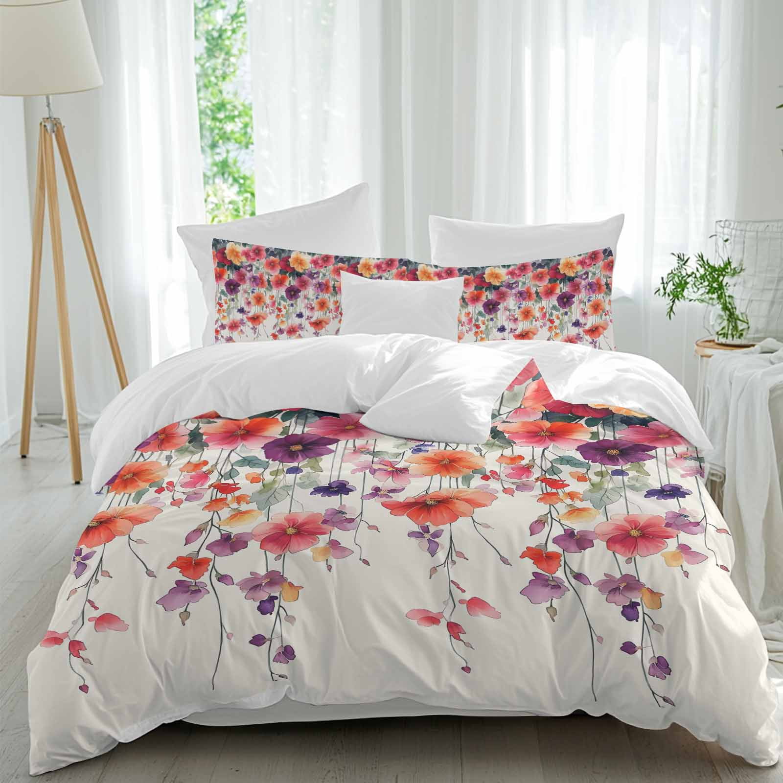 Colorful Flower Full Duvet Cover Set, Spring Red Purple Yellow Floral ...