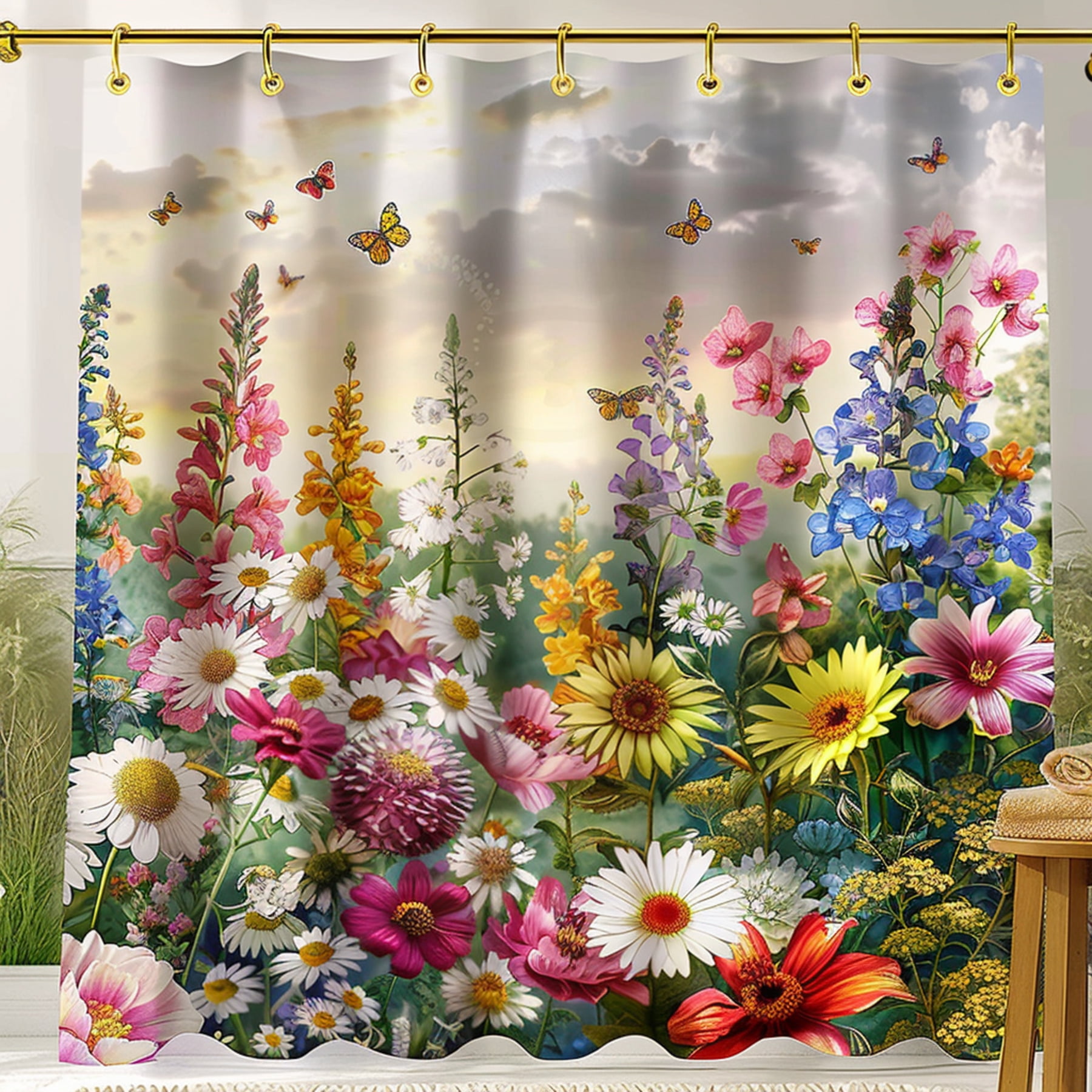 Colorful Flower Garden Shower Curtain Butterfly And Floral Print