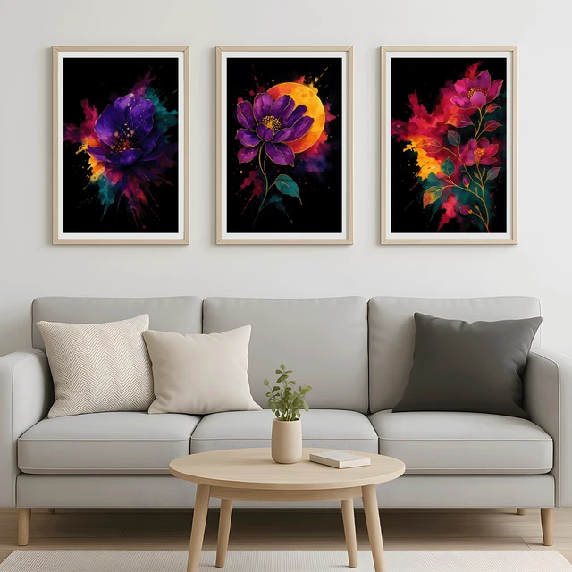 Colorful Flower Gold Outline Prints Set of 3 | Moody Boho Wall Art for ...