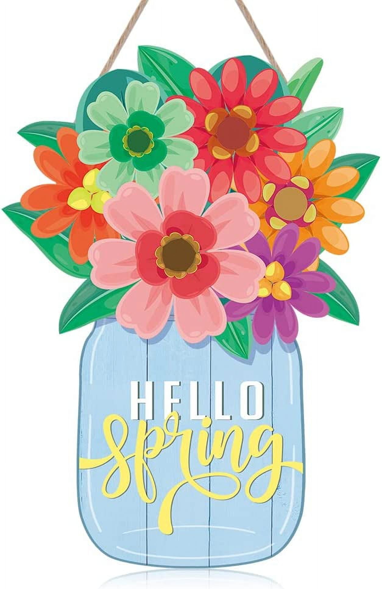 Colorful Flower Hello Spring Front Door Sign Plaque(7''x9.8''), Elegant ...