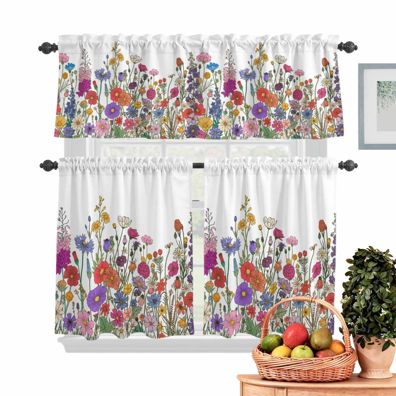 Colorful Flower Kitchen Curtains Valances 3 Piece Set, Floral Farmhouse ...