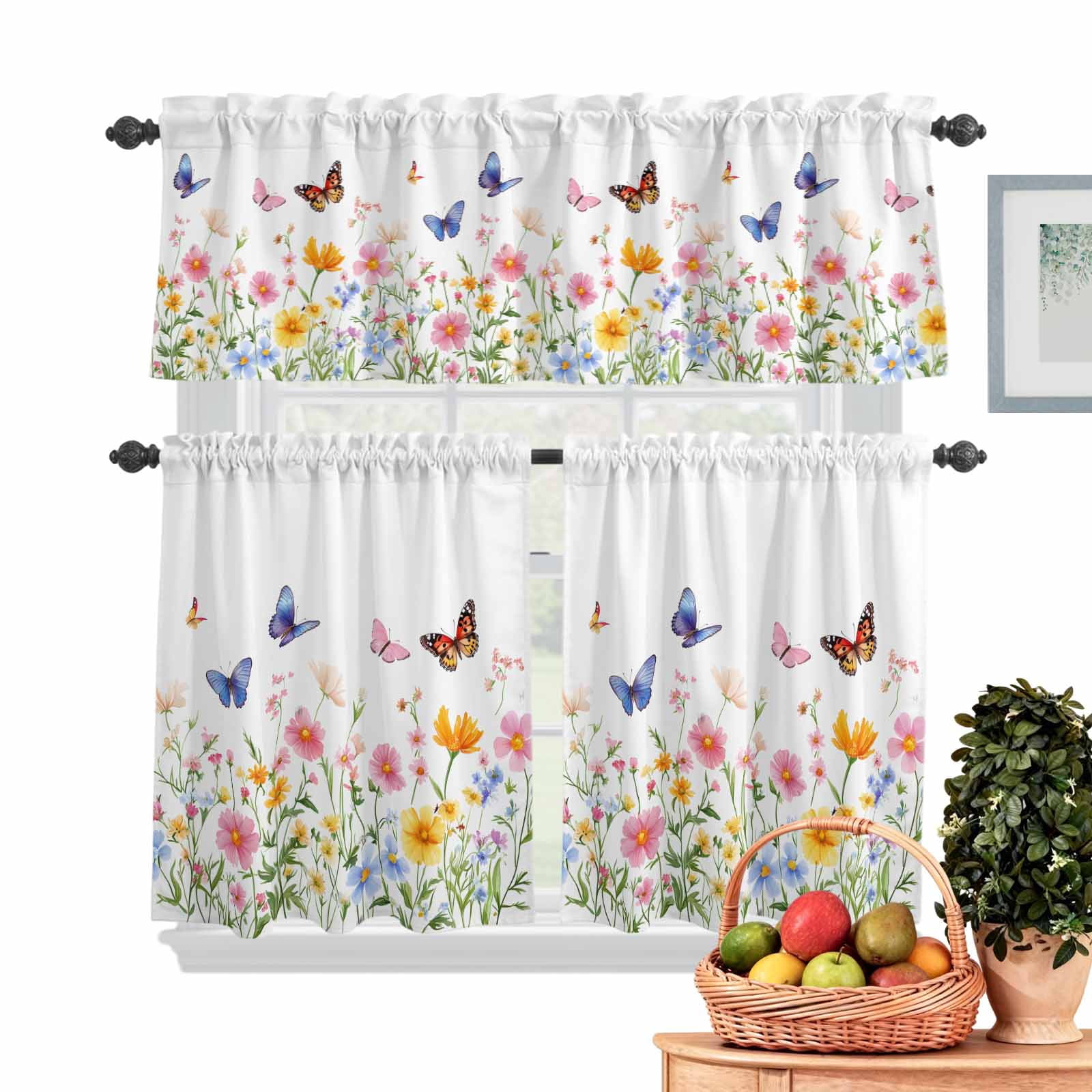 Colorful Flower Kitchen Curtains Valances 3 Piece Set, Wildflower ...