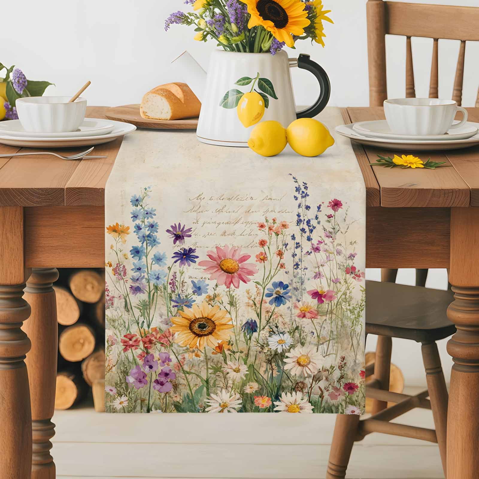 Colorful Flower Leaves on Retro Letter Table Runners 13x36 Inches Long ...