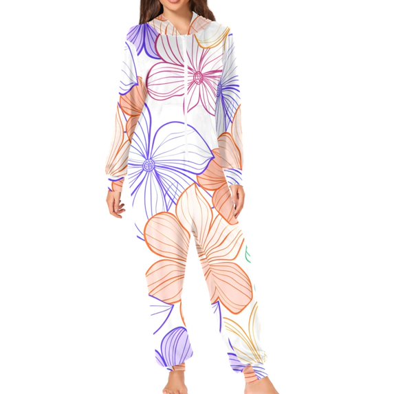 Colorful Flower Line Painting Adult's Hoodie Onesie Jumpsuit One-Piece ...