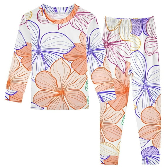 Colorful Flower Line Painting Cotton Pajama Set Long Sleeve Top and ...
