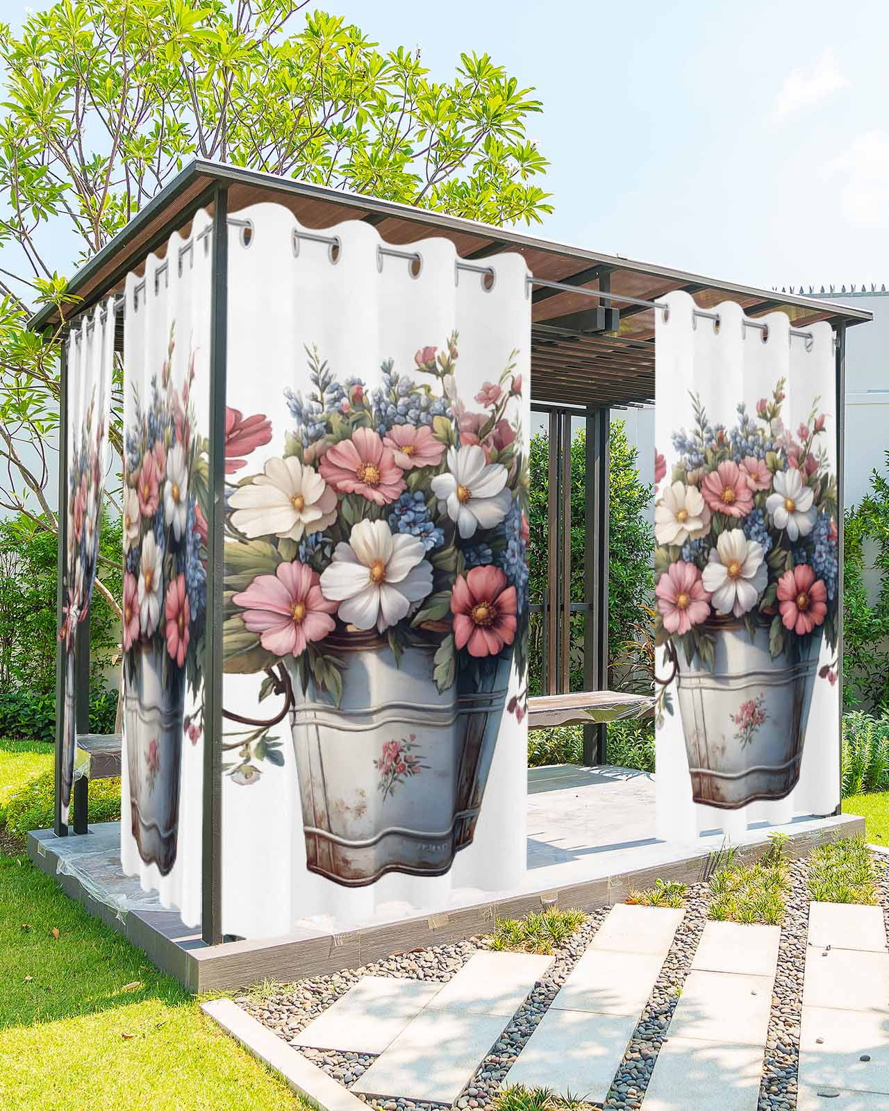 Colorful Flower Outdoor Curtains for Patio, Spring Retro Pink White ...