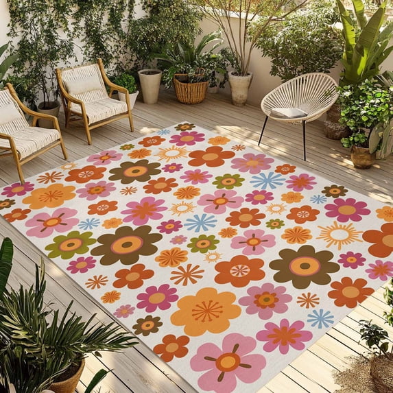 Colorful Flower Outdoor Rug, Boho Style Retro Pink Red Orange Floral ...