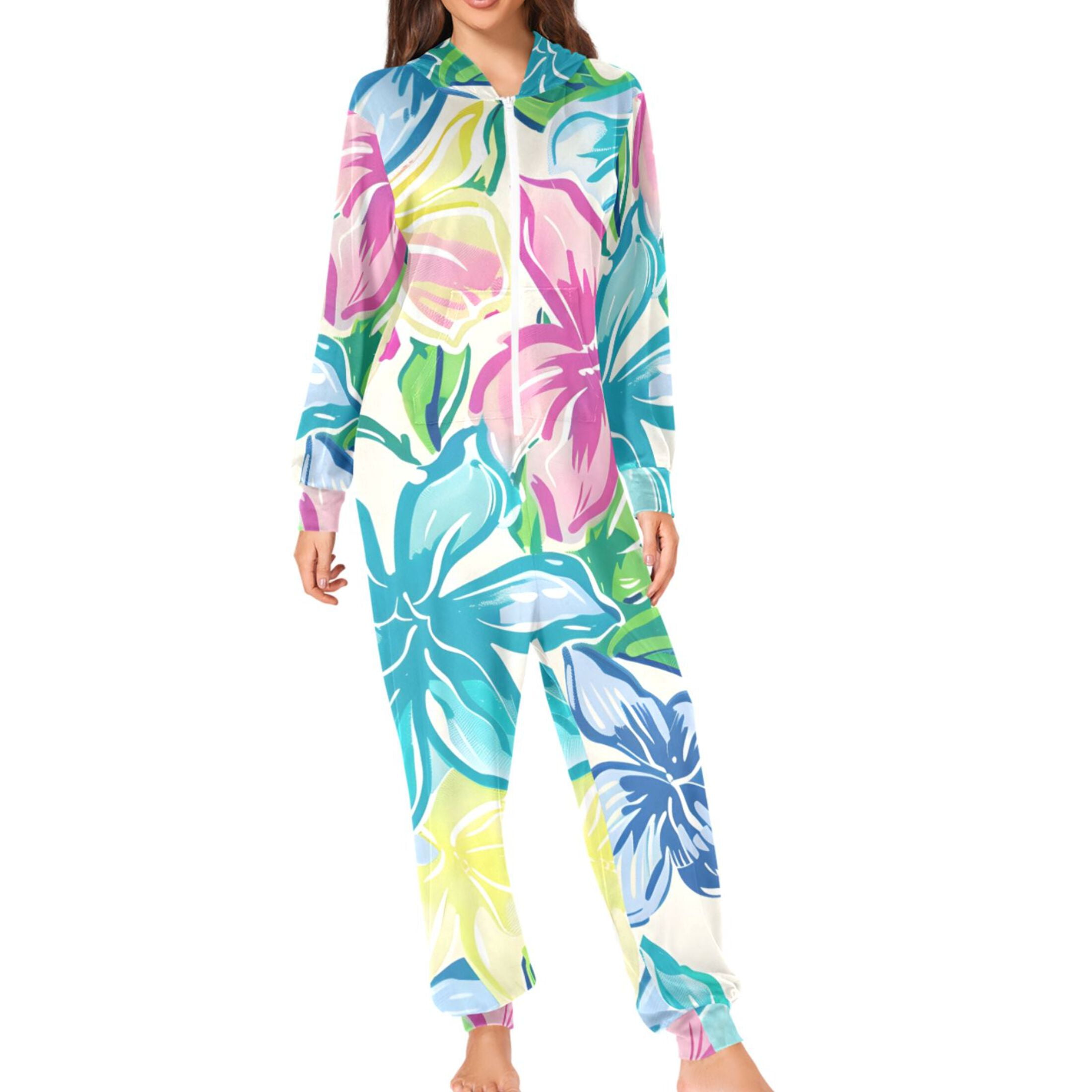 Colorful Flower Pattern Adult's Hoodie Onesie Jumpsuit One-Piece ...