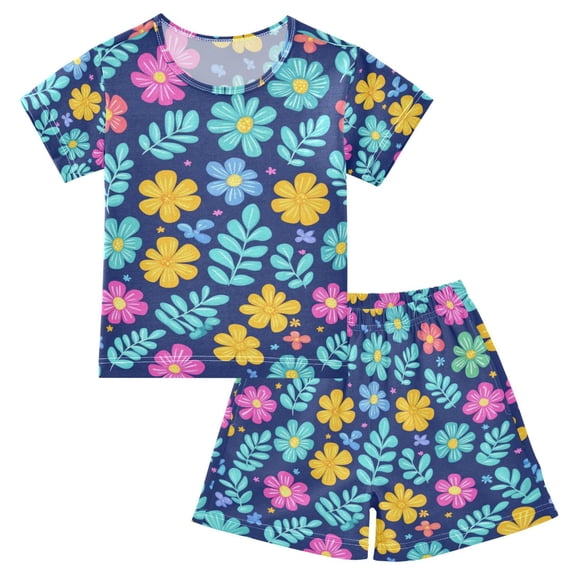 Colorful Flower Pattern Summer Pajama Set Soft Cotton Short Sleeve ...