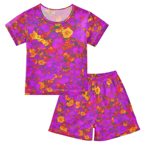 Colorful Flower Pattern Summer Pajama Set Soft Cotton Short Sleeve ...
