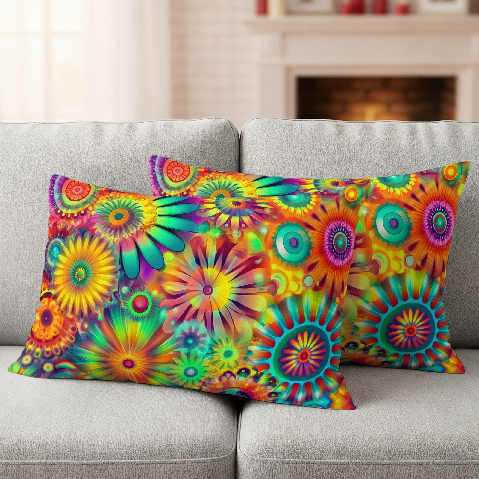 Colorful Flower Pillow Covers 2 Pack Vintage Green Red Yellow Sunburst ...
