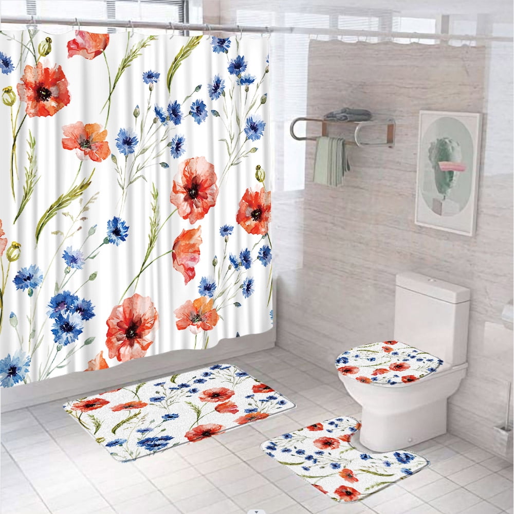 Colorful Flower Plant Shower Curtains Sets Anti-slip Rug Toilet Cover ...