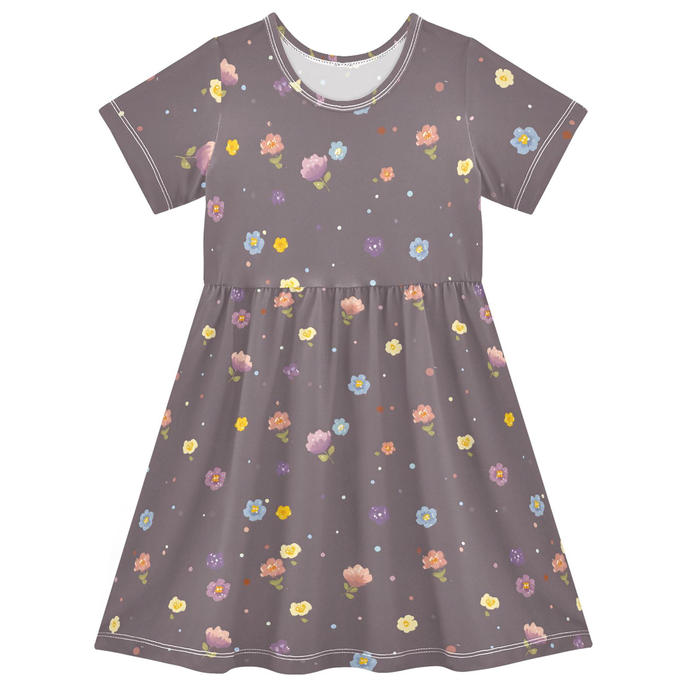 Colorful Flower Polka Dot Short Sleeve Dress A-Line Cute Midi Casual ...