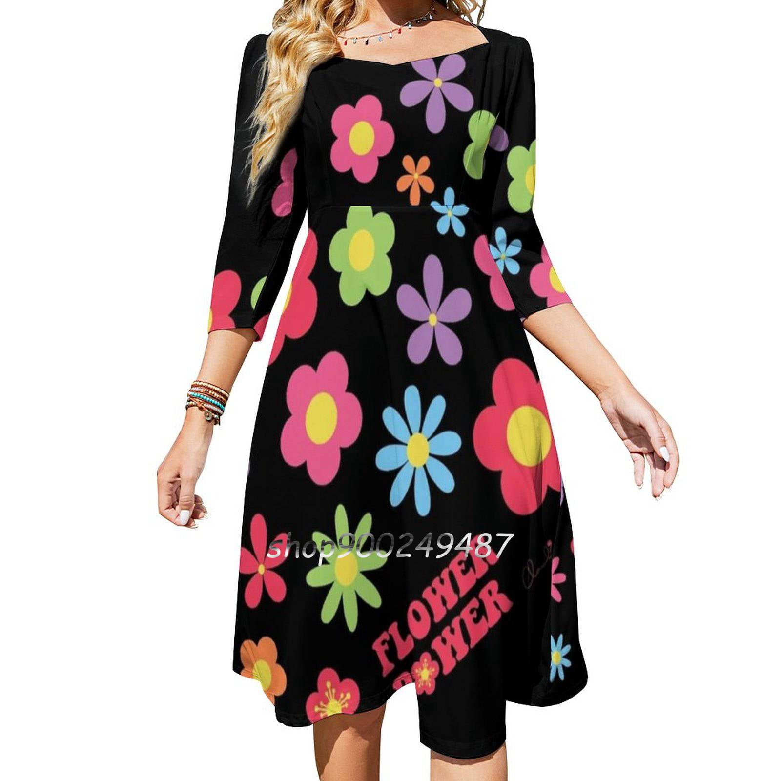 Colorful Flower Power Joyful Flowers Evening Party Dresses Midi Sexy ...