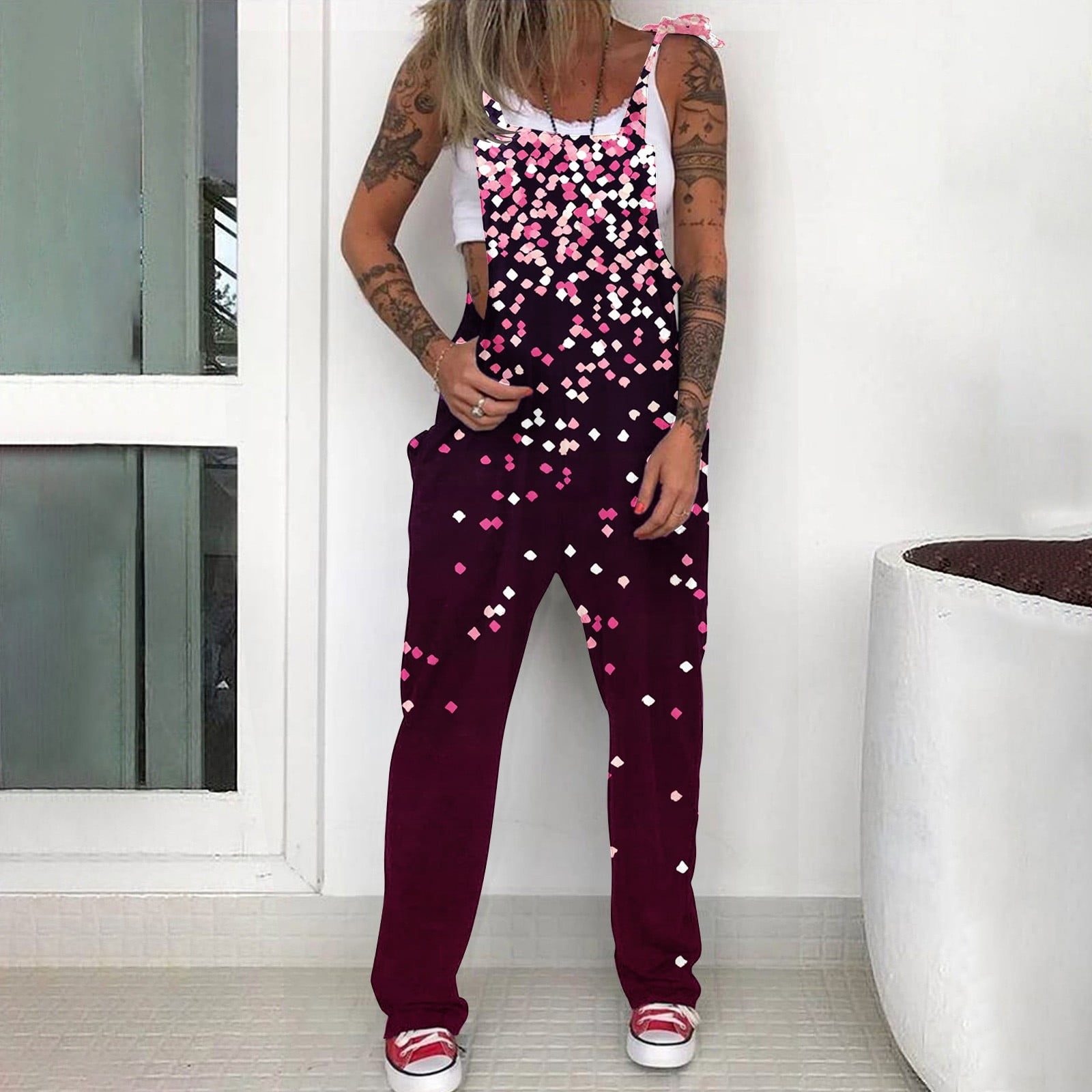 Colorful Flower Print Loose Fit Coveralls for Women Fall Summer Spandex ...