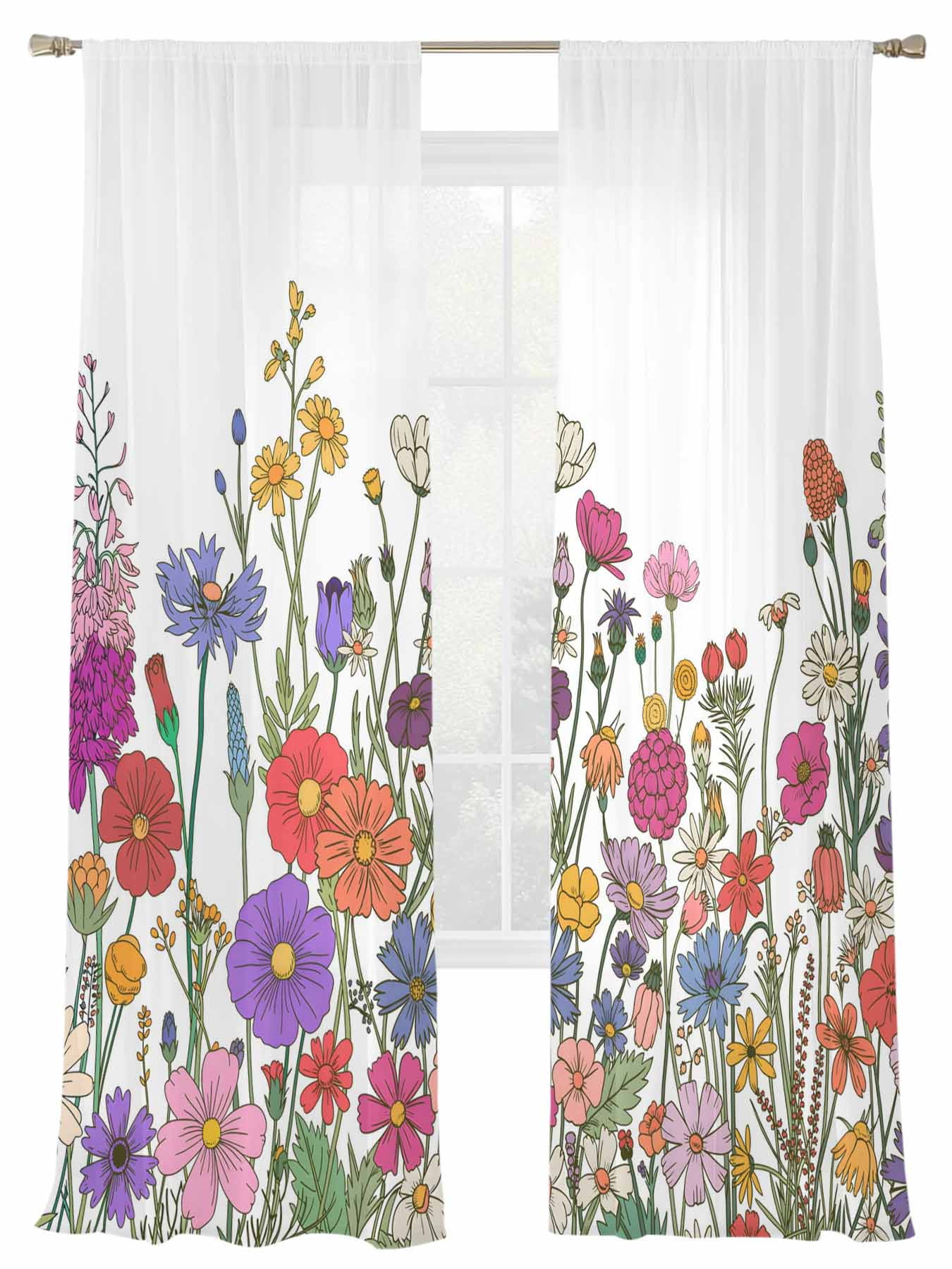 Colorful Flower Sheer Curtains 108 Inch Long 2 Panels, Floral Farmhouse ...