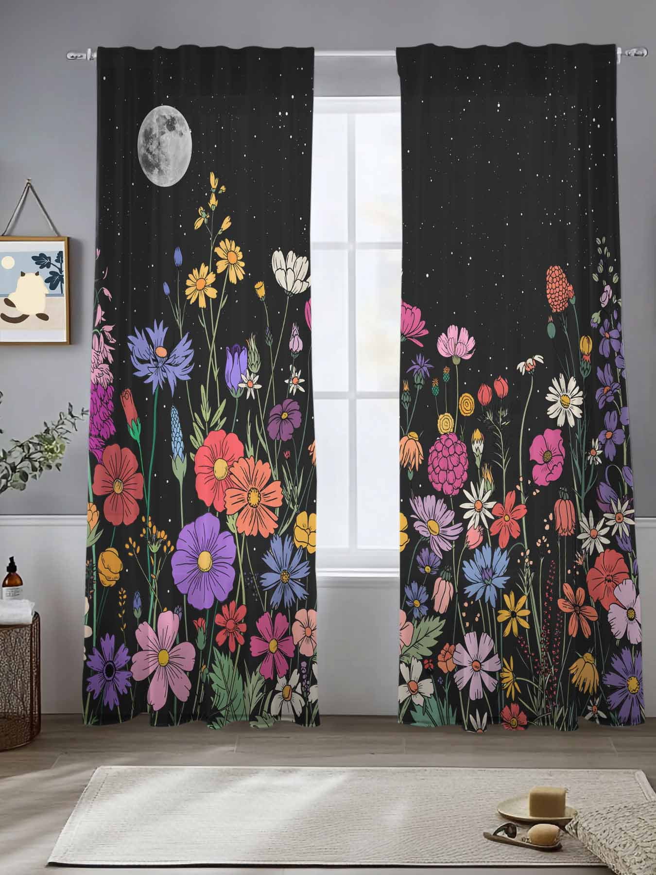Colorful Flower Sheer Curtains 108 Inches Long 2 Panels Farmhouse ...