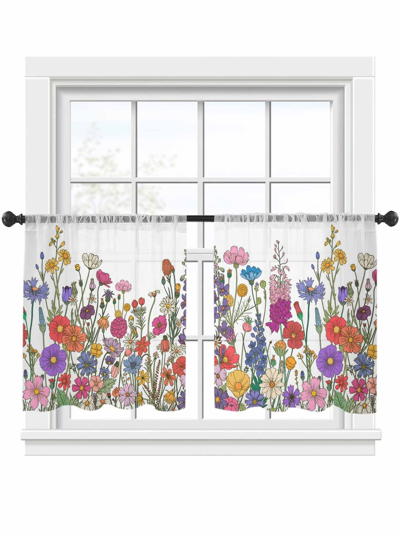 Colorful Flower Sheer Curtains 2 Panels Set Floral Farmhouse Country ...