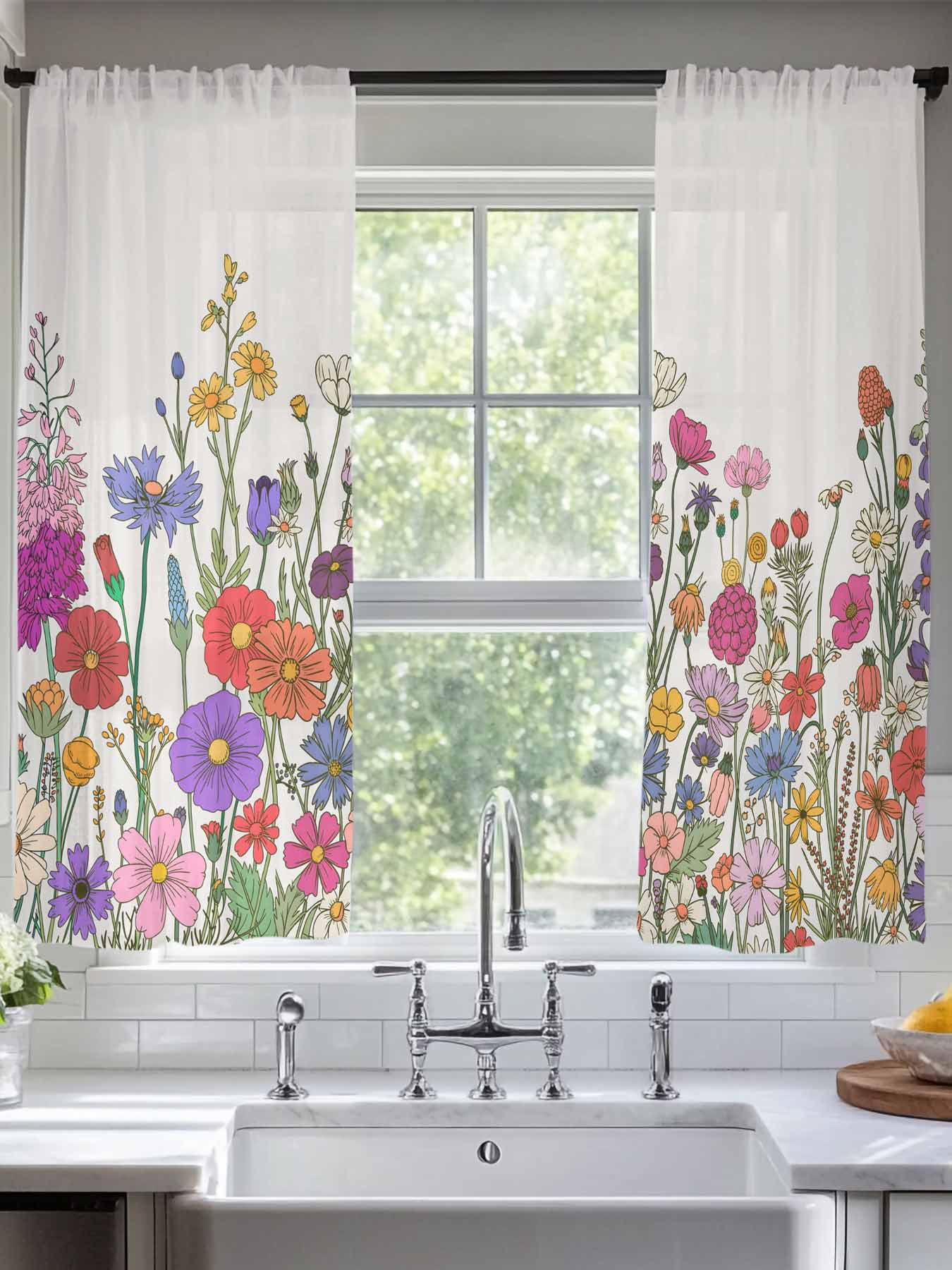 Colorful Flower Sheer Curtains 63 Inches Long 2 Panels Floral Farmhouse ...