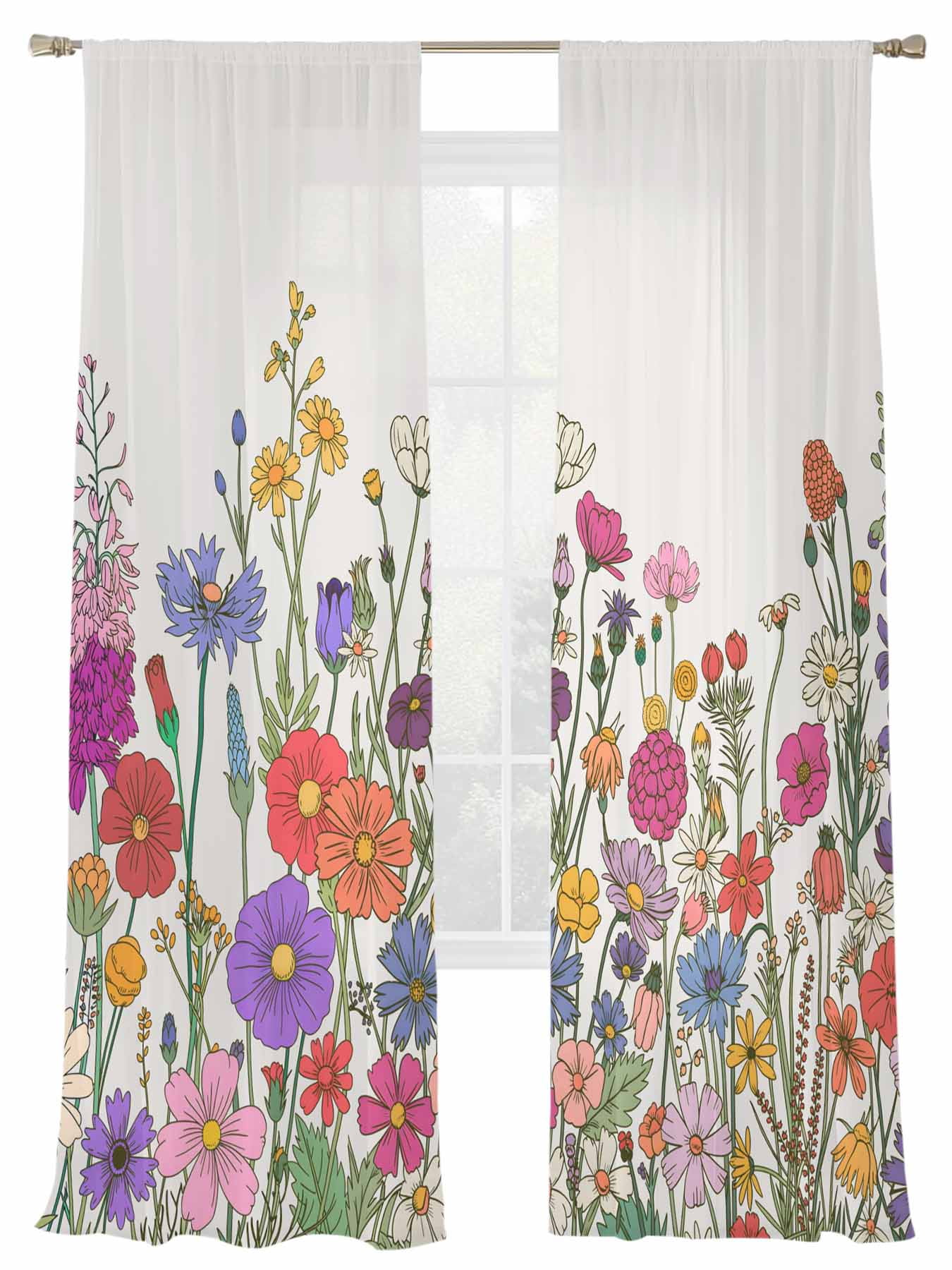 Colorful Flower Sheer Curtains 84 Inch Long 2 Panels, Floral Farmhouse ...