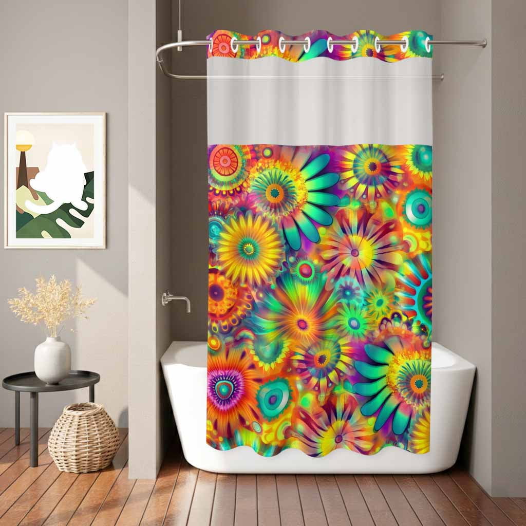Colorful Flower Shower Curtain, Vintage Green Red Yellow Sunburst ...
