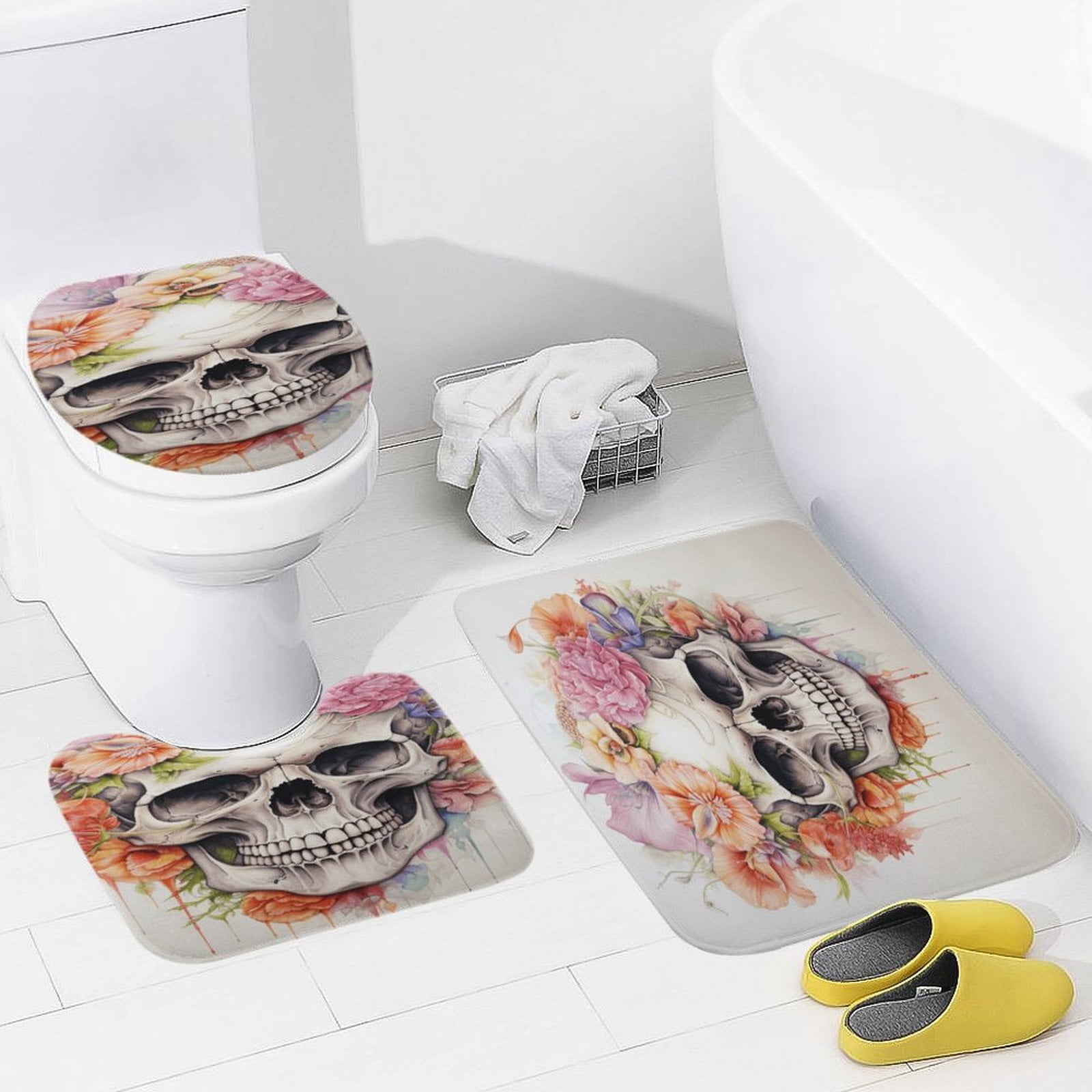 Colorful Flower Skull Bathroom Mats Set 3-piece Bath Mats , Floor Rug ...