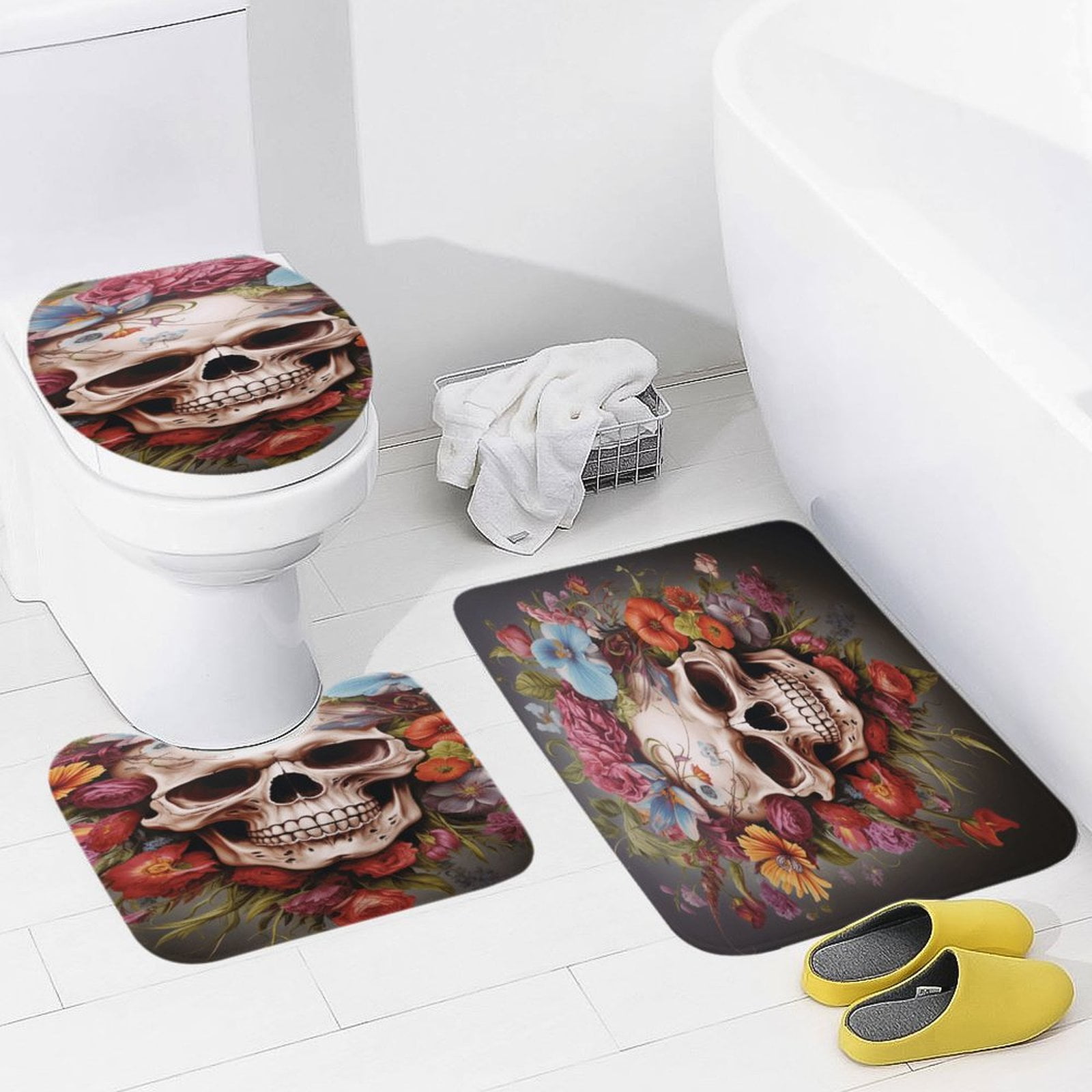 Colorful Flower Skull Bathroom Mats Set 3-piece Bath Mats , Floor Rug ...