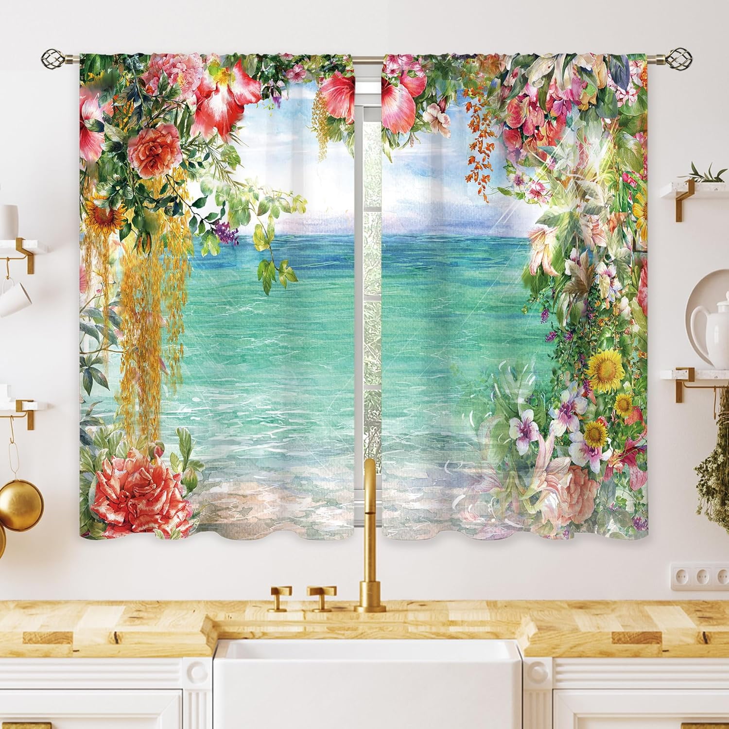 Colorful Flower Small Kitchen Curtains Floral Summer Window Treatment ...