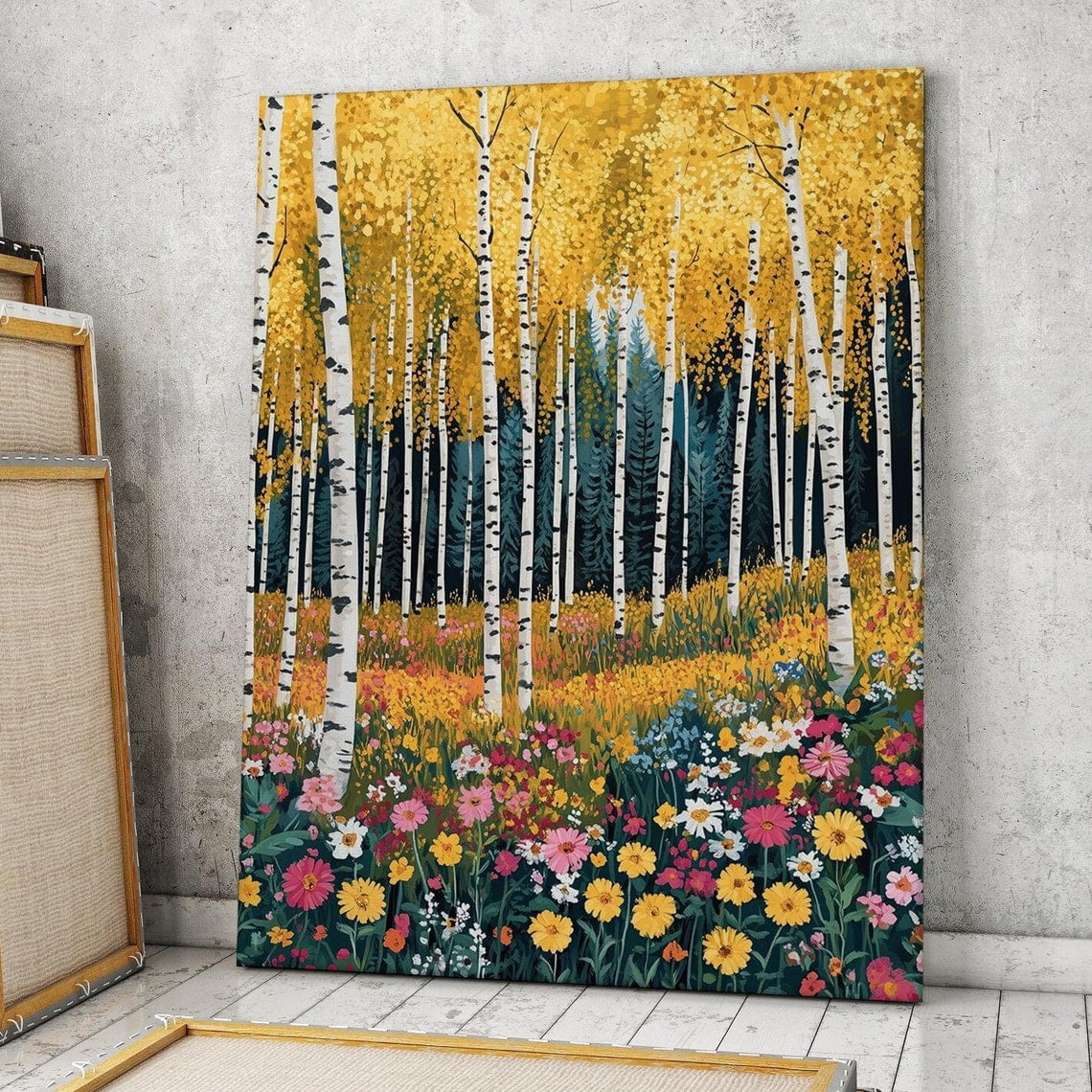 Colorful Flower Valley With Birch Tree Forest Poster, Exhibition Mid ...