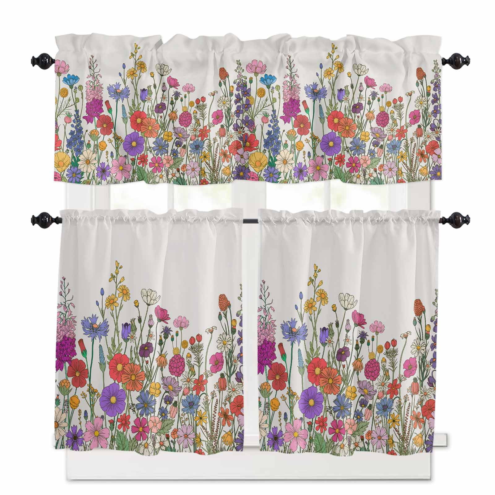 Colorful Flower Window Curtains Valance Set of 3 Floral Farmhouse ...