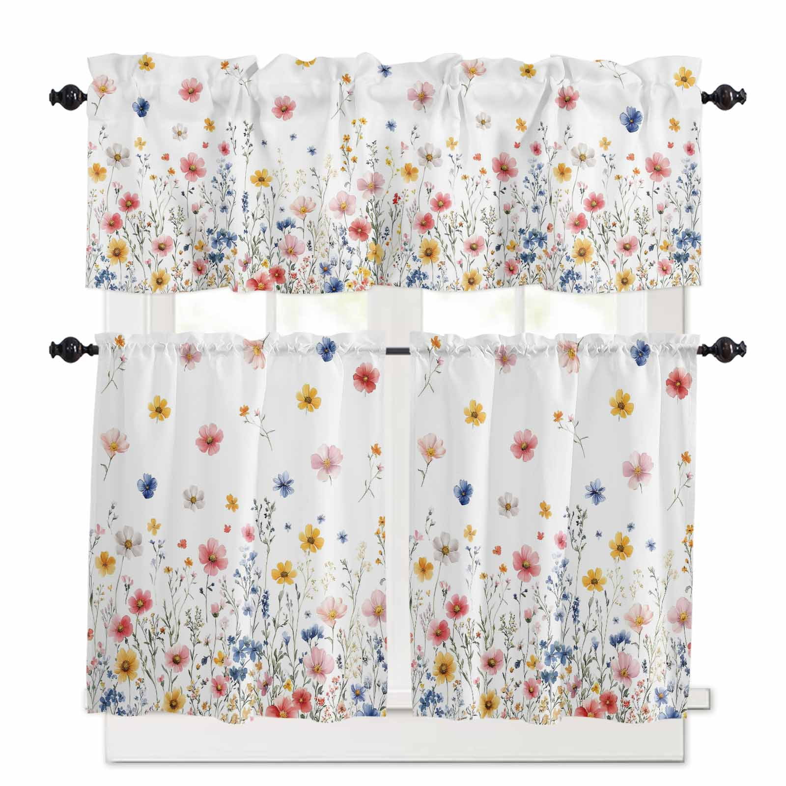 Colorful Flower Window Curtains Valance Set of 3 Spring Farm Pink Blue ...