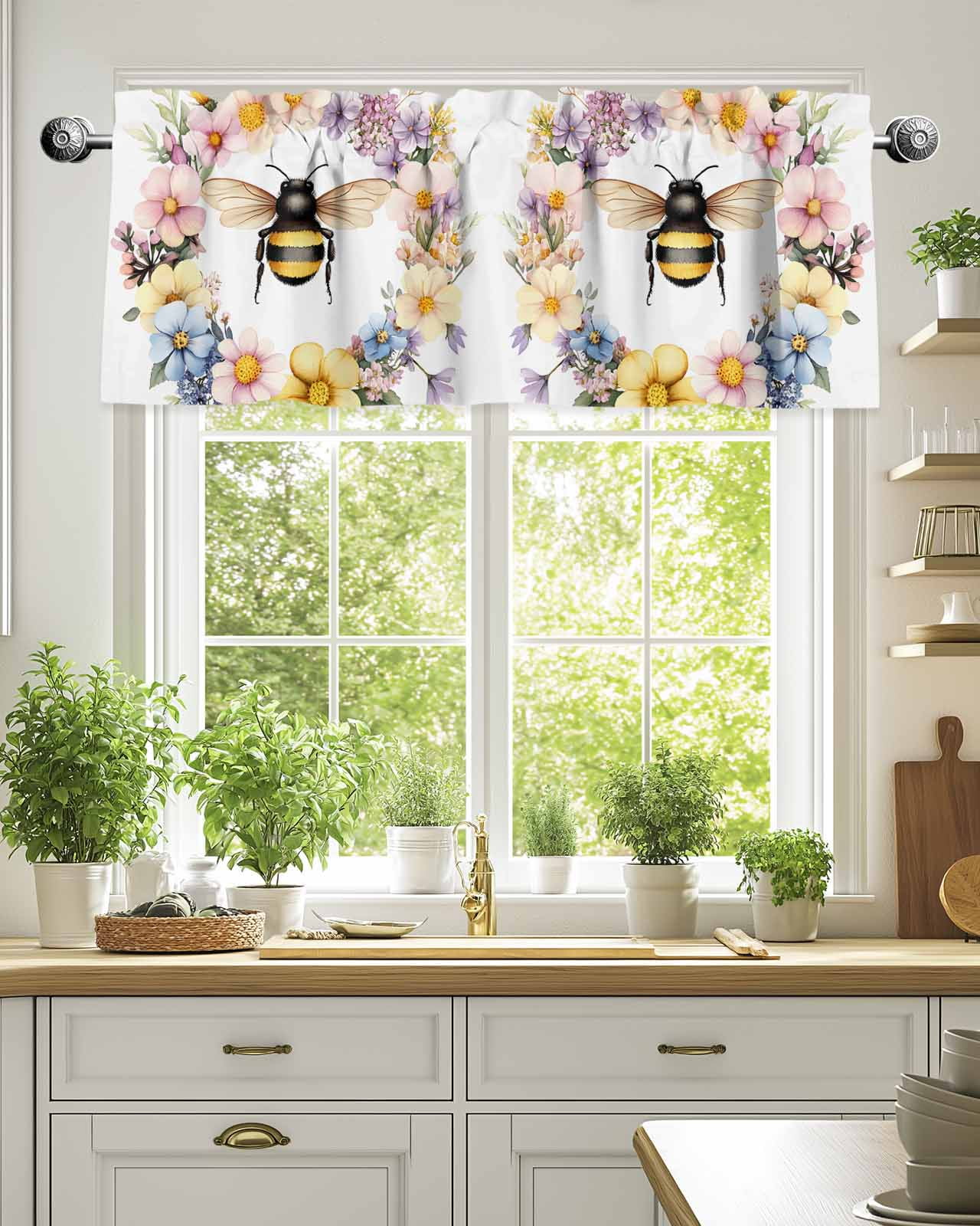 Colorful Flower Wreath Bee Valances for Windows,Kitchen Valance Rod ...