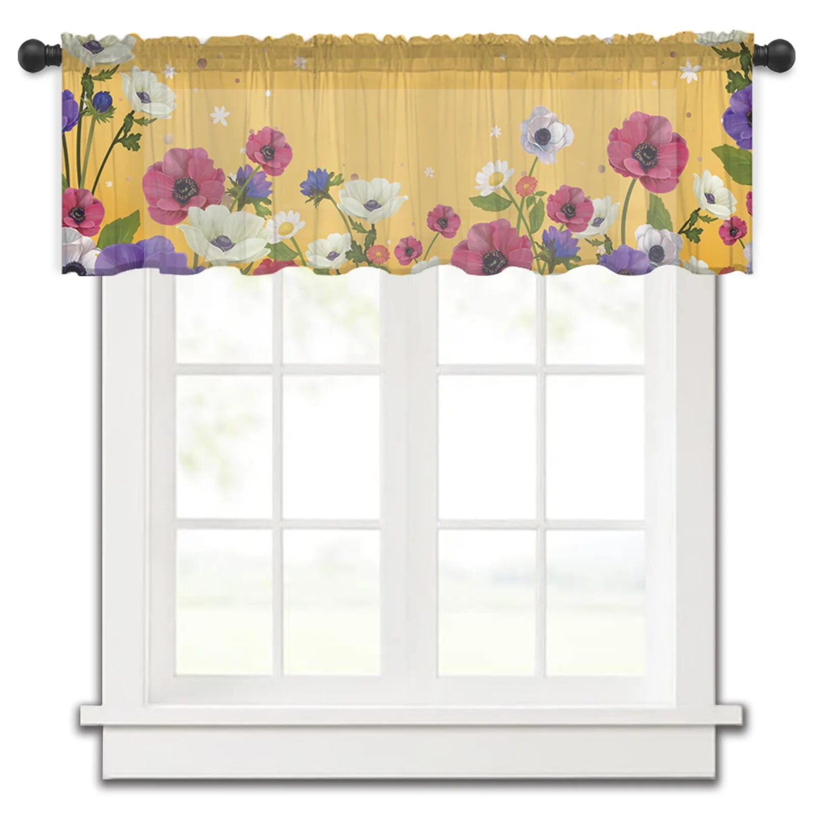 Colorful Flower Yellow Short Tulle Curtains Bedroom Voile Sheer Half ...