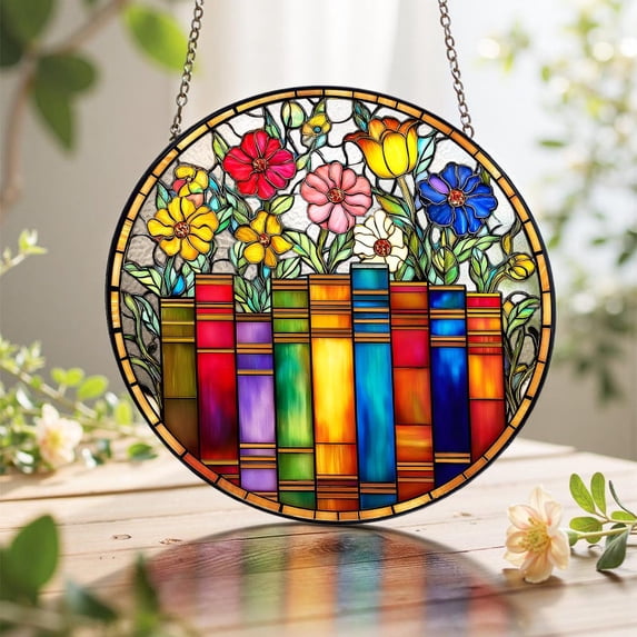 Colorful Flower and Book Stained Glass Suncatcher, Reading Corner Round ...